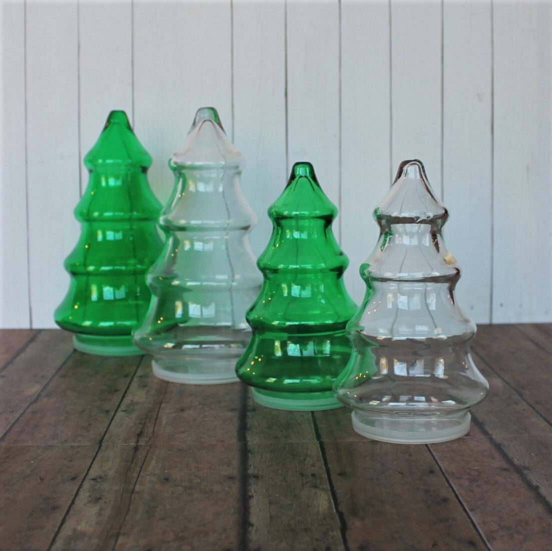 Vintage Clear and Green Glass Christmas Tree Canister Jar Container ...