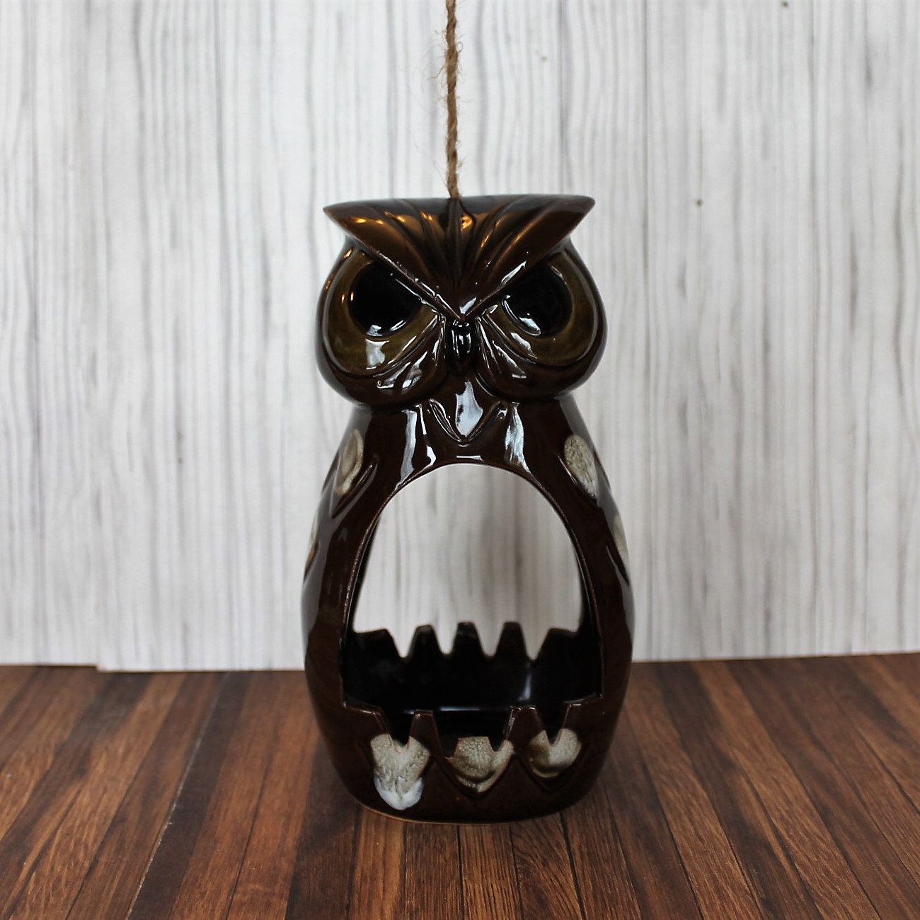 Vintage Ceramic Owl Hanging Ashtray Candle Holder Lamp Brown and White ...
