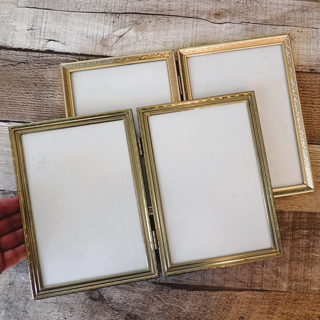 Vintage 5x7 Double Hinged Bi-fold Metal Gold Brass Photo Picture Frame ...