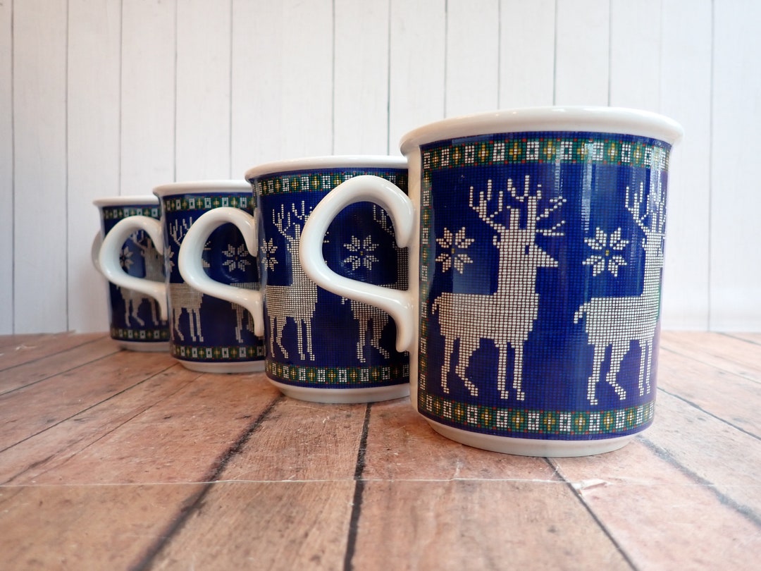 Vintage Dansk SNOWFALL Mug Coffee Cup Set of 4 White and Blue Fair Isle ...