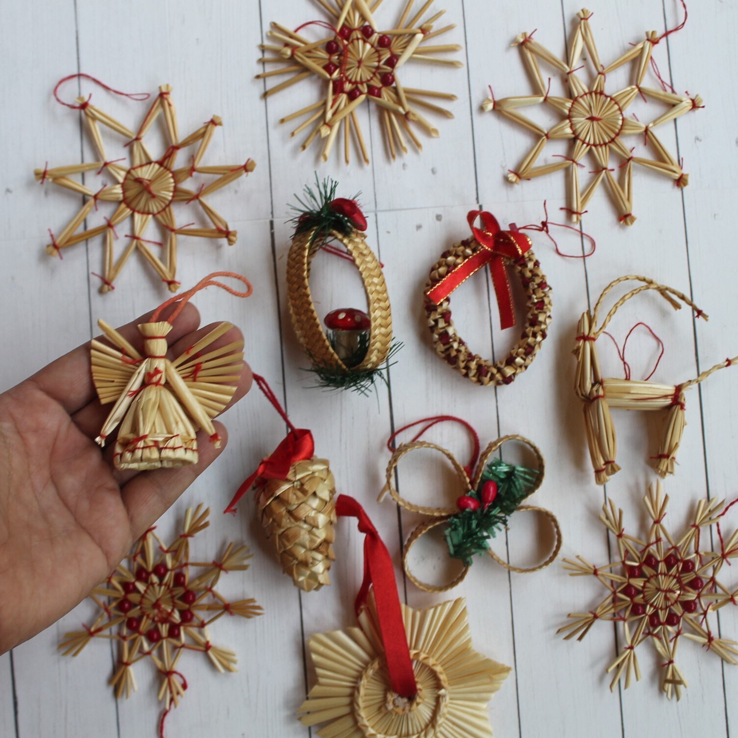 Vintage Woven Wicker Christmas Ornament Set of 12 Snowflake Deer ...