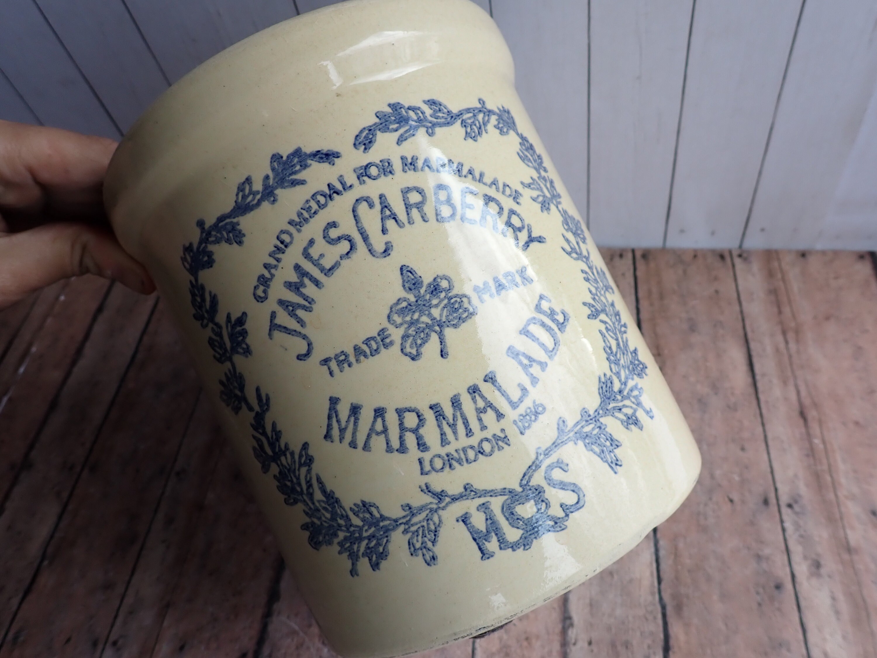 Vintage Stoneware Advertising Crock Cream and Blue Lettering James ...