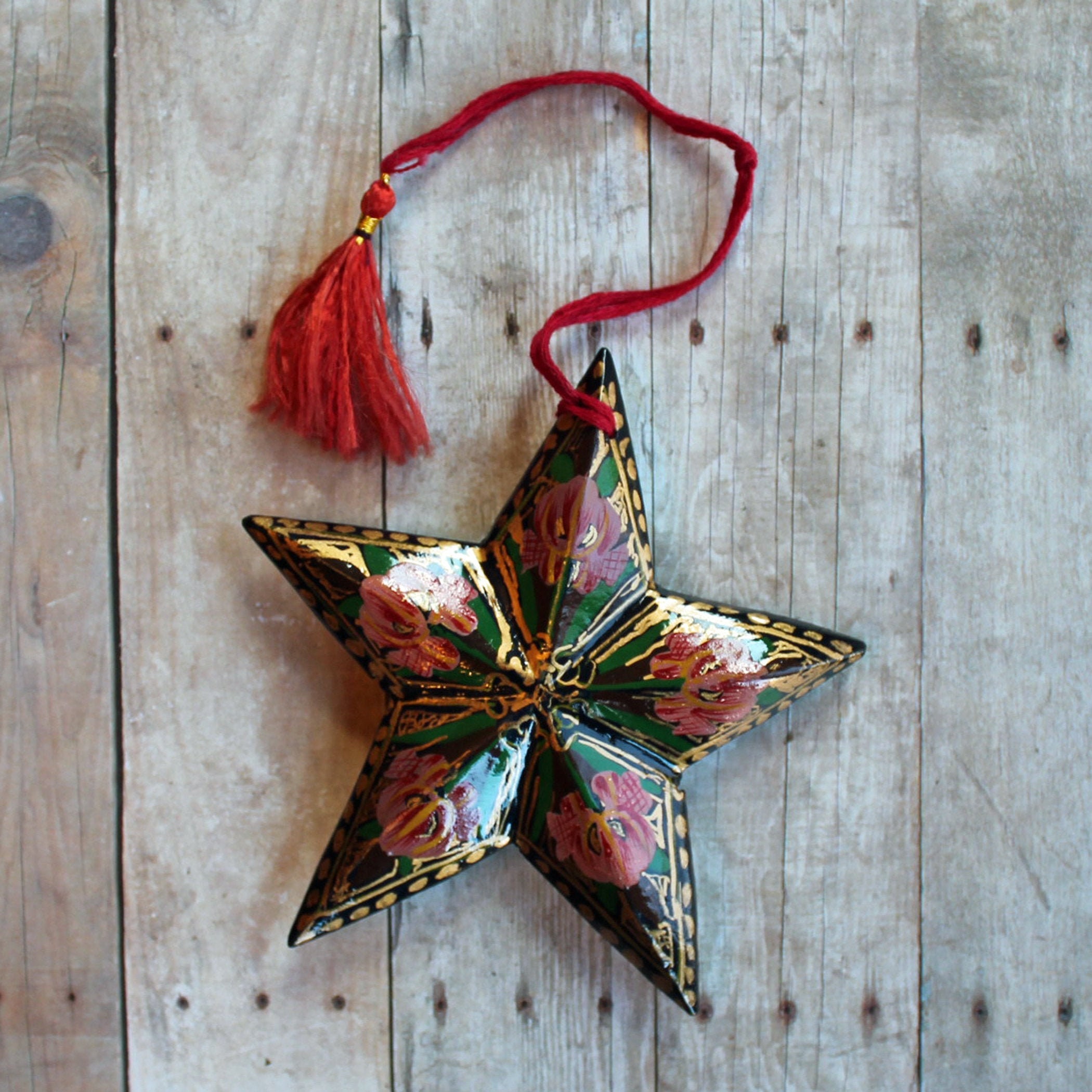 Vintage Kashmir Paper Mache Star Christmas Ornament Hand Painted Black ...