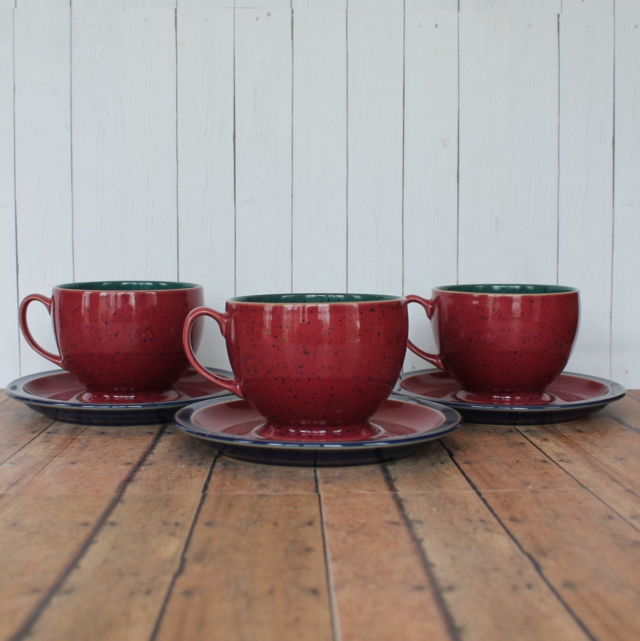Vintage Denby HARLEQUIN Footed Breakfast Cup and Saucer Set of 3 Red ...