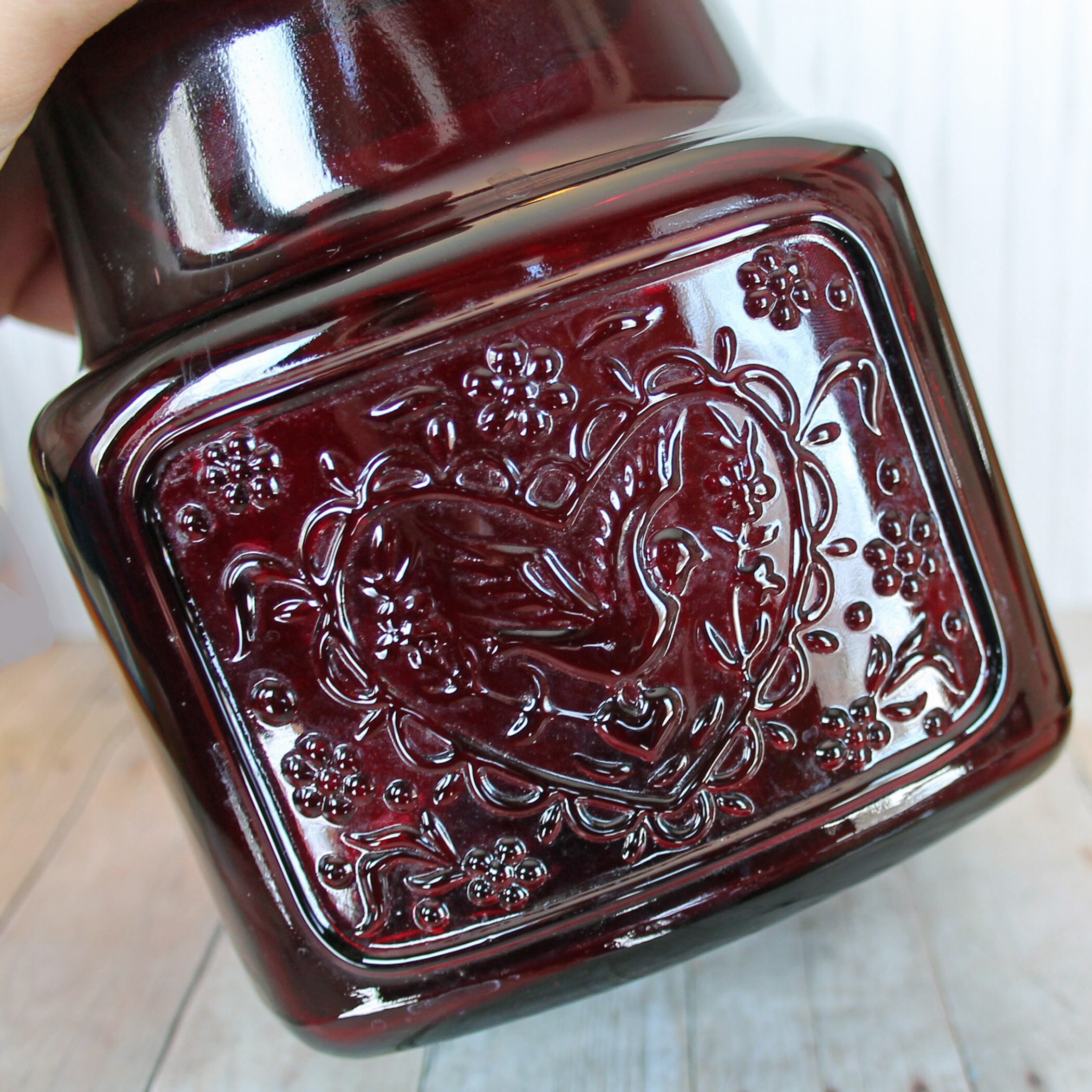 Vintage Wheaton Red Glass Canister with Lid Bird Heart and Fish Design ...