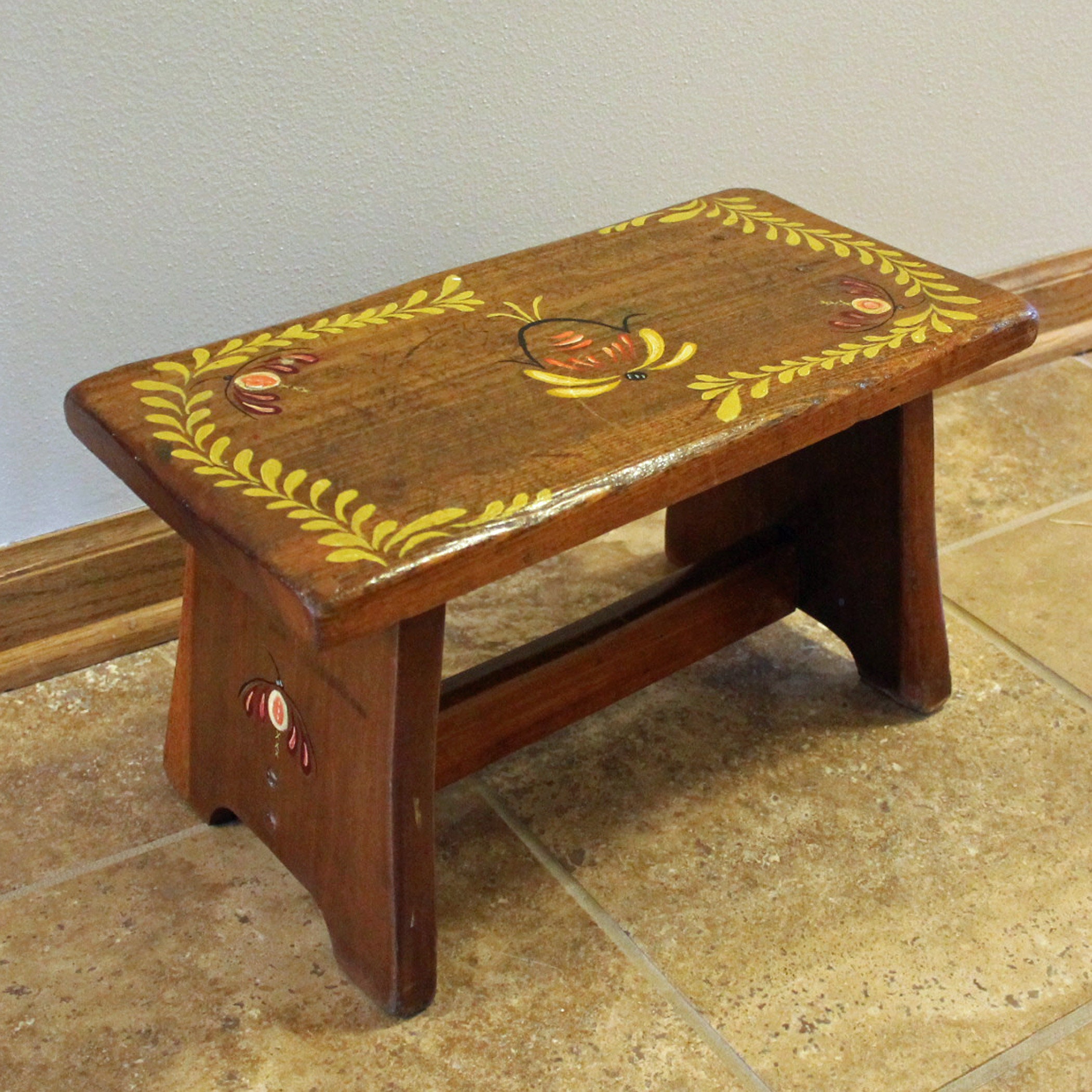 Vintage Wooden Hand Made Step Stool Bench with Painted Rosemaling ...