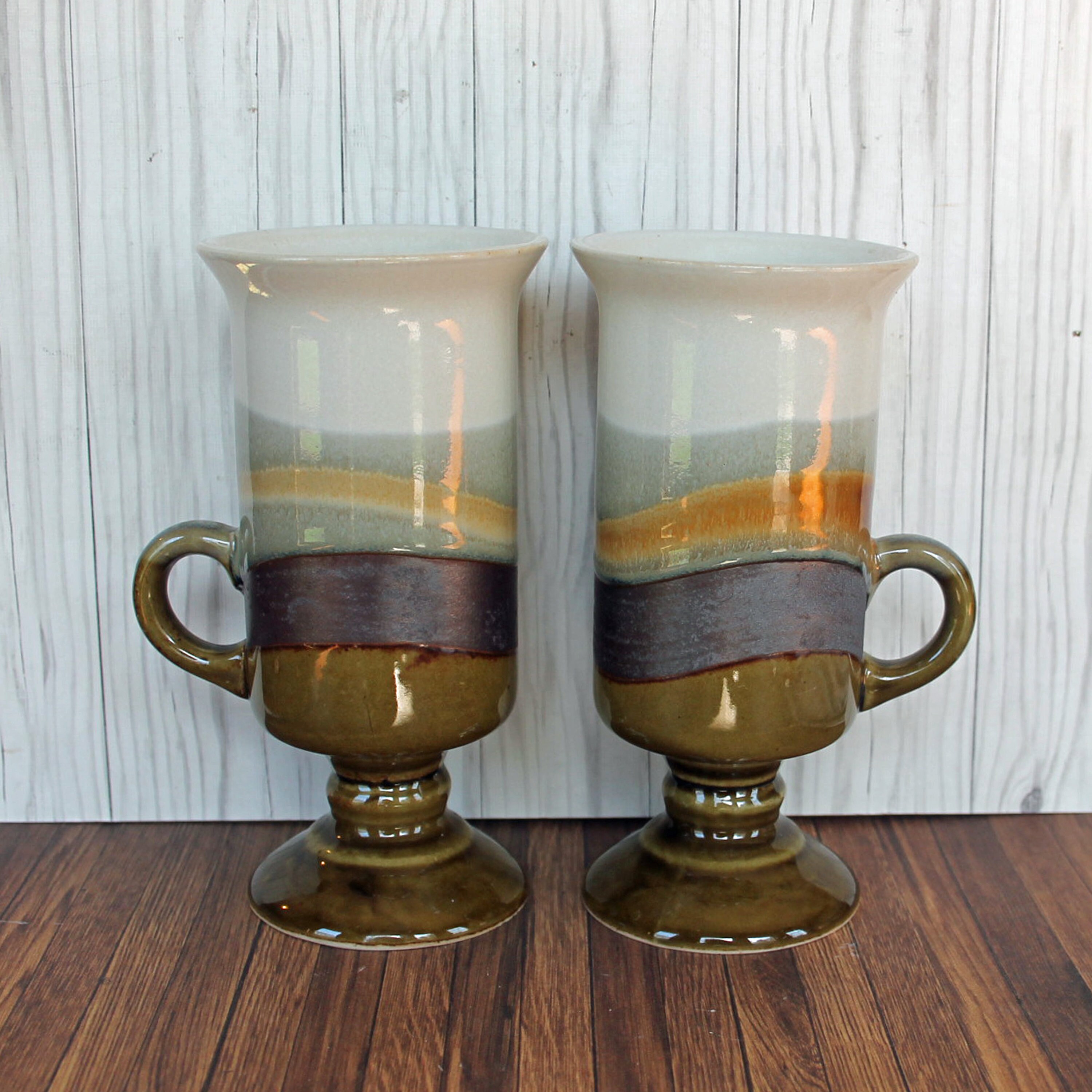 Vintage Otagiri Ceramic Footed Pedestal Mug Set of 2 Green Gray White ...