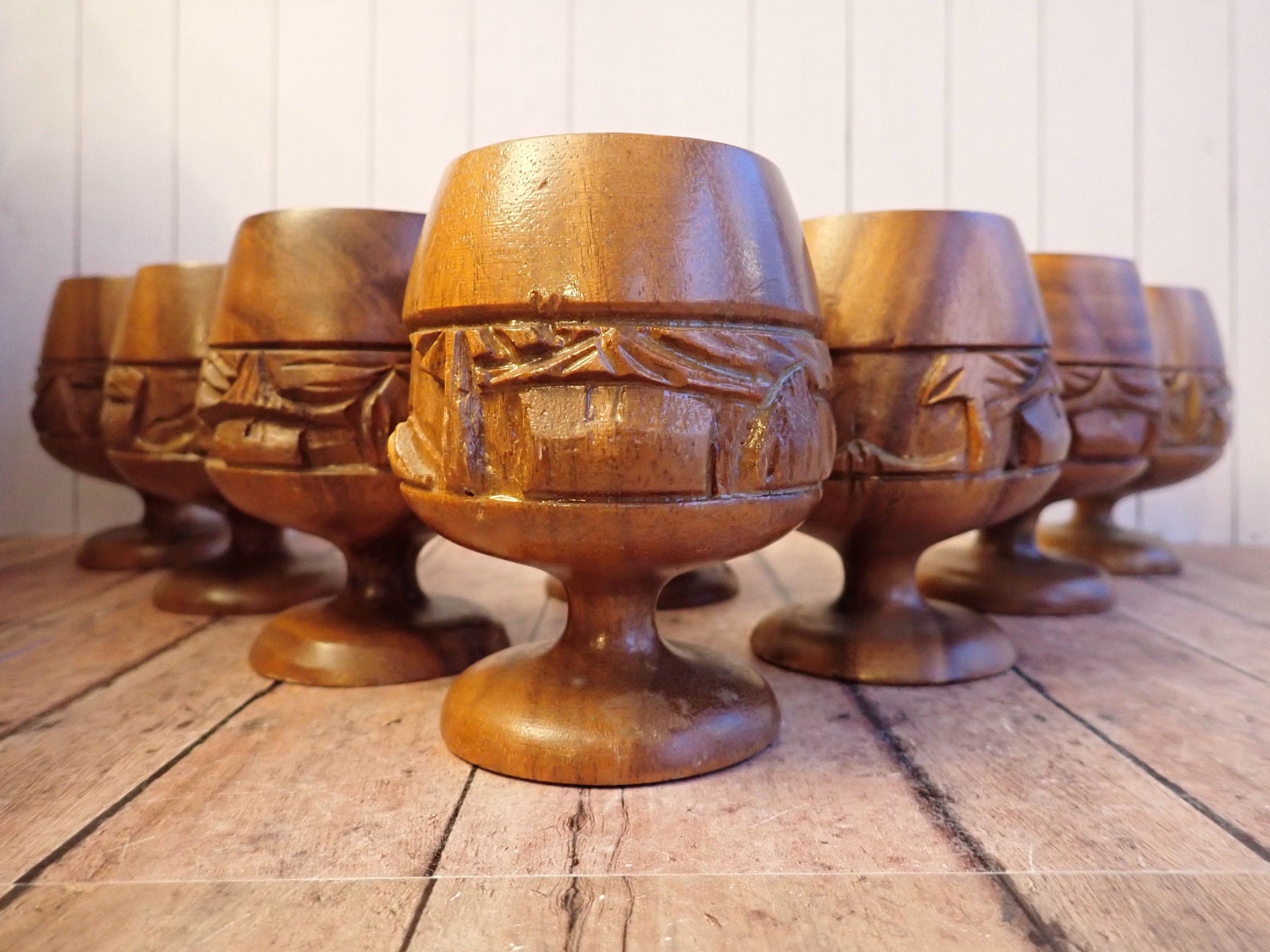 Vintage Wood Goblet Wine Glass Set of 8 Wooden with Etched Carved ...