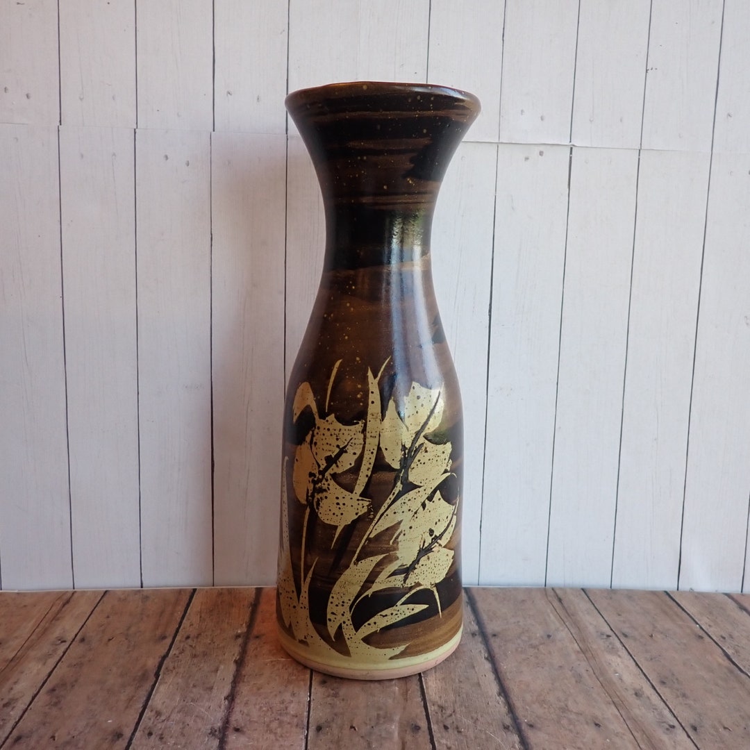 Vintage Pacific Stoneware Vase Brown and Tan With Leaf and Flower ...