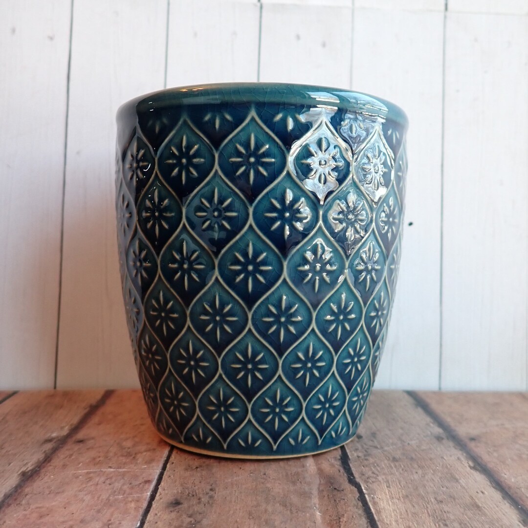 Vintage Blue Ceramic Planter Flower Pot With Tan Flower Floral Design ...