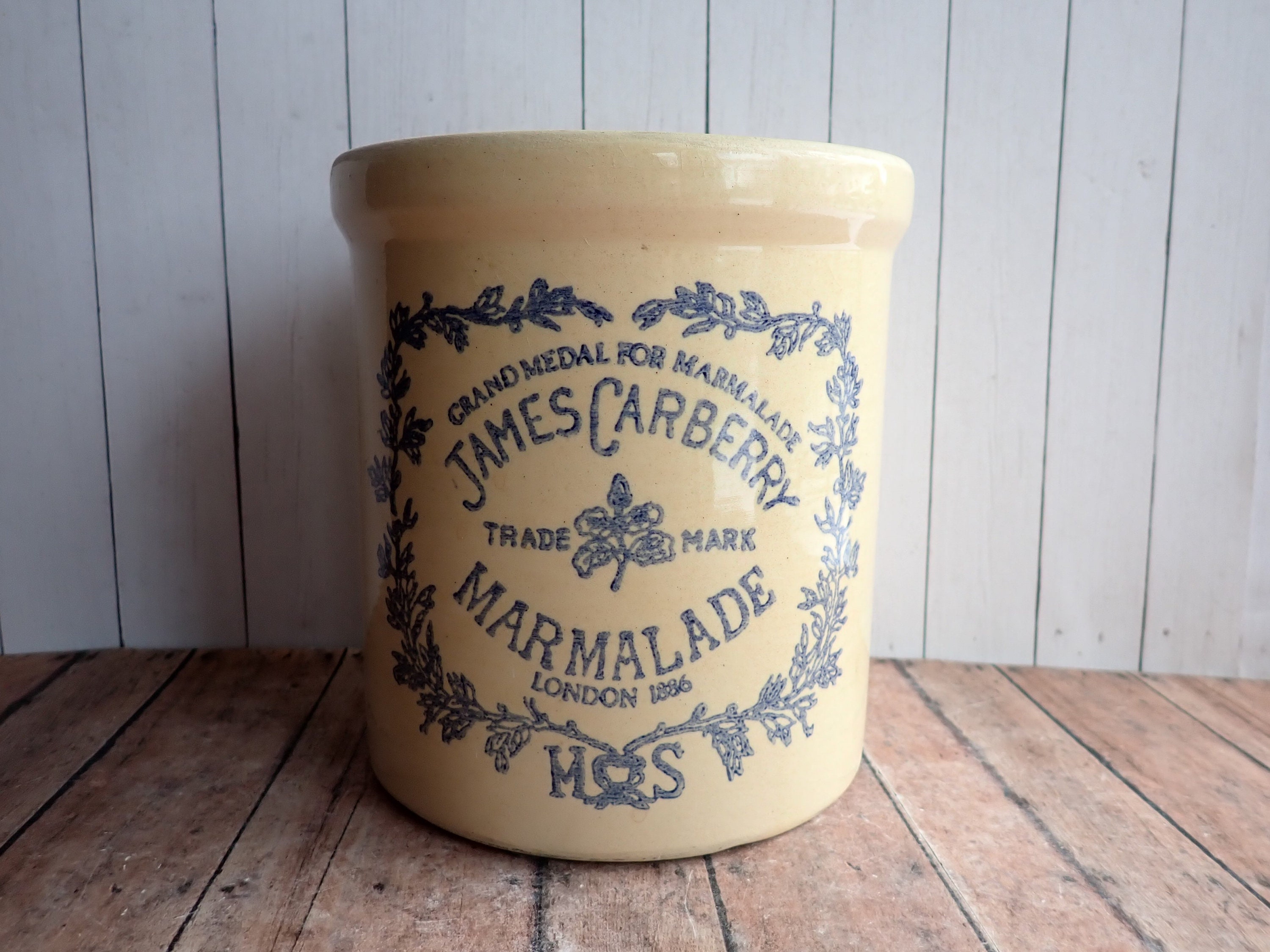 Vintage Stoneware Advertising Crock Cream and Blue Lettering James ...