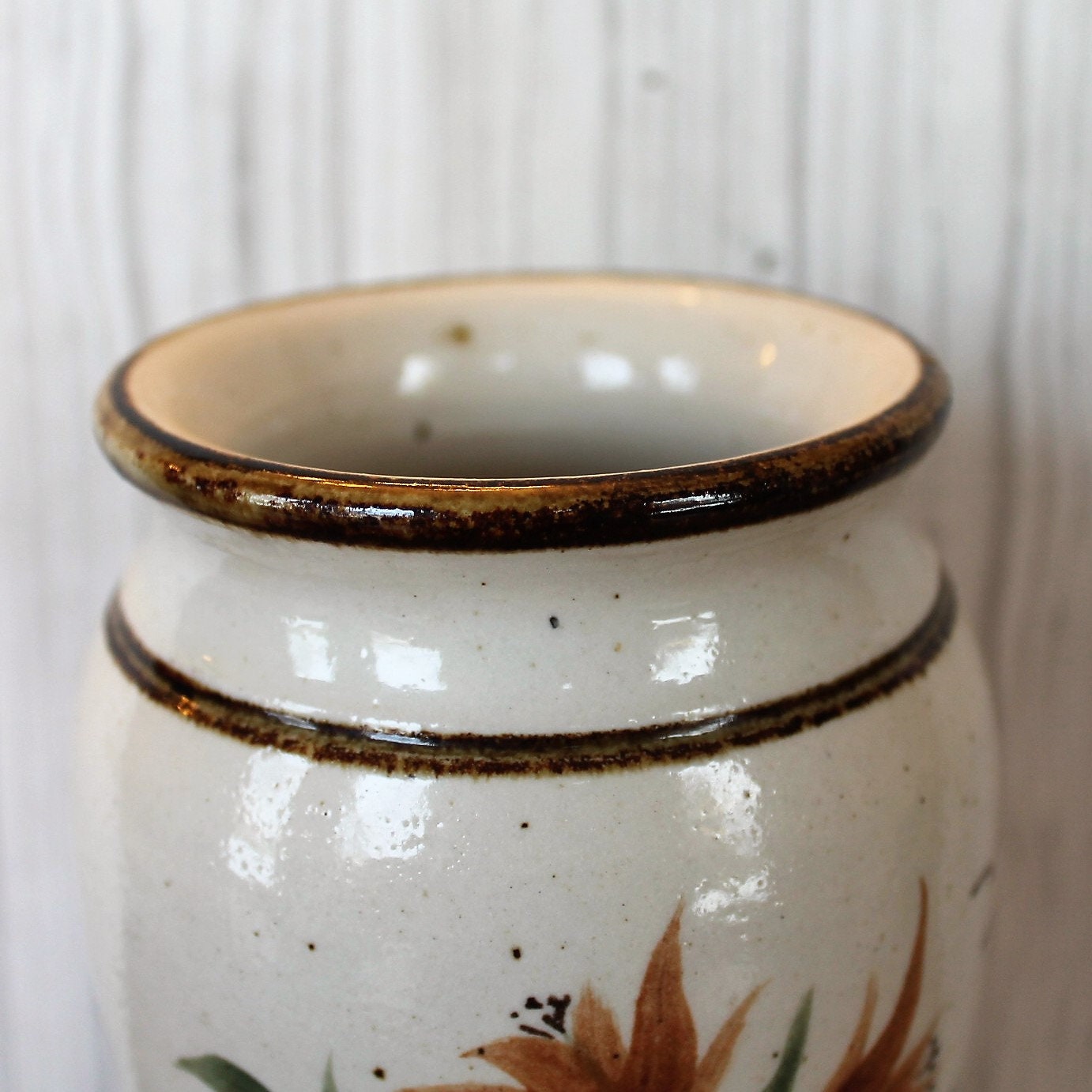 Vintage Stoneware Vase White with Green Leaves and Orange Flowers ...