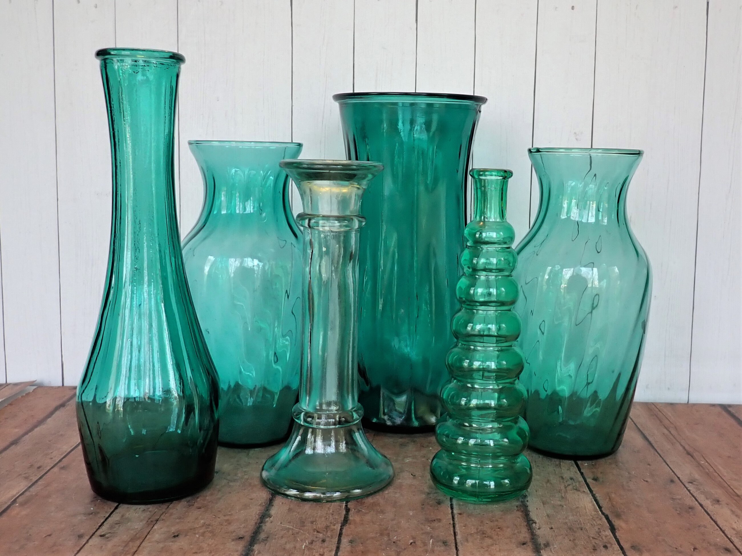 Vintage Teal Blue Green Glass Glass Vase Set Of 6 Vases Mix And Match Set