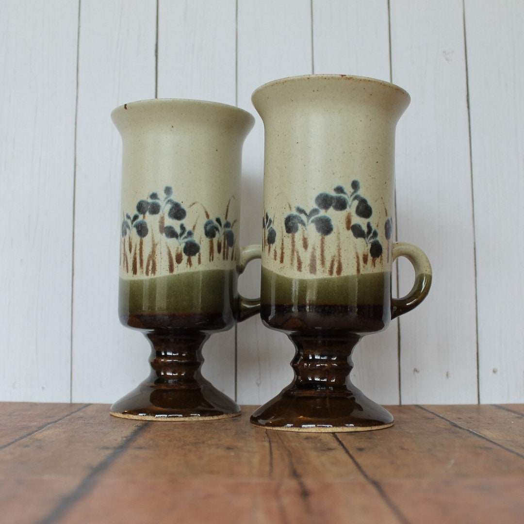 Vintage Stoneware Footed Mug Set of 2 Brown and White With Blue Iris ...