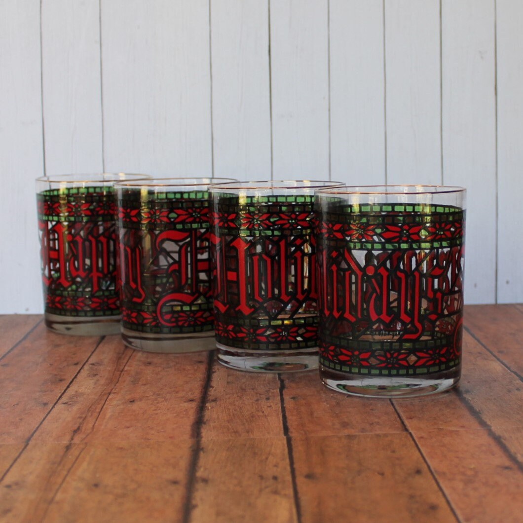 Vintage Houze Glass HAPPY HOLIDAYS Old Fashioned Set of 4 Glasses ...