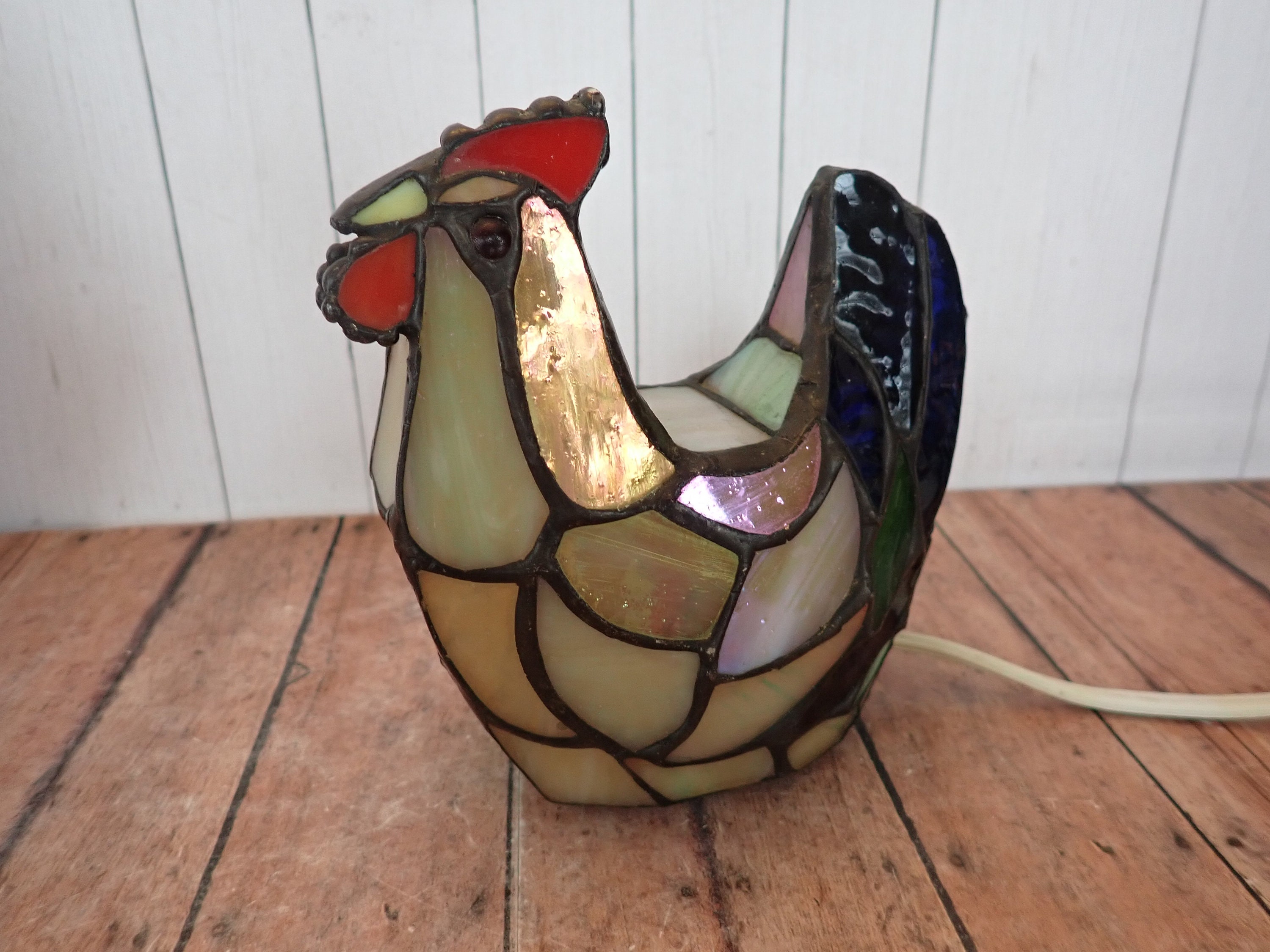 Vintage Stained Glass Rooster Chicken Accent Lamp Night Light Set of 2 ...