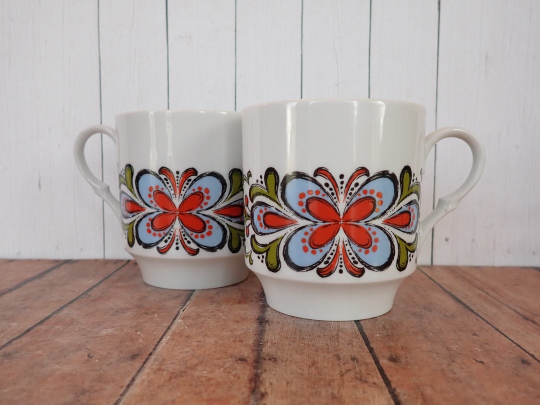 Vintage Schumann Arzberg Bavaria Mug Set of 2 White With Modern Blue ...
