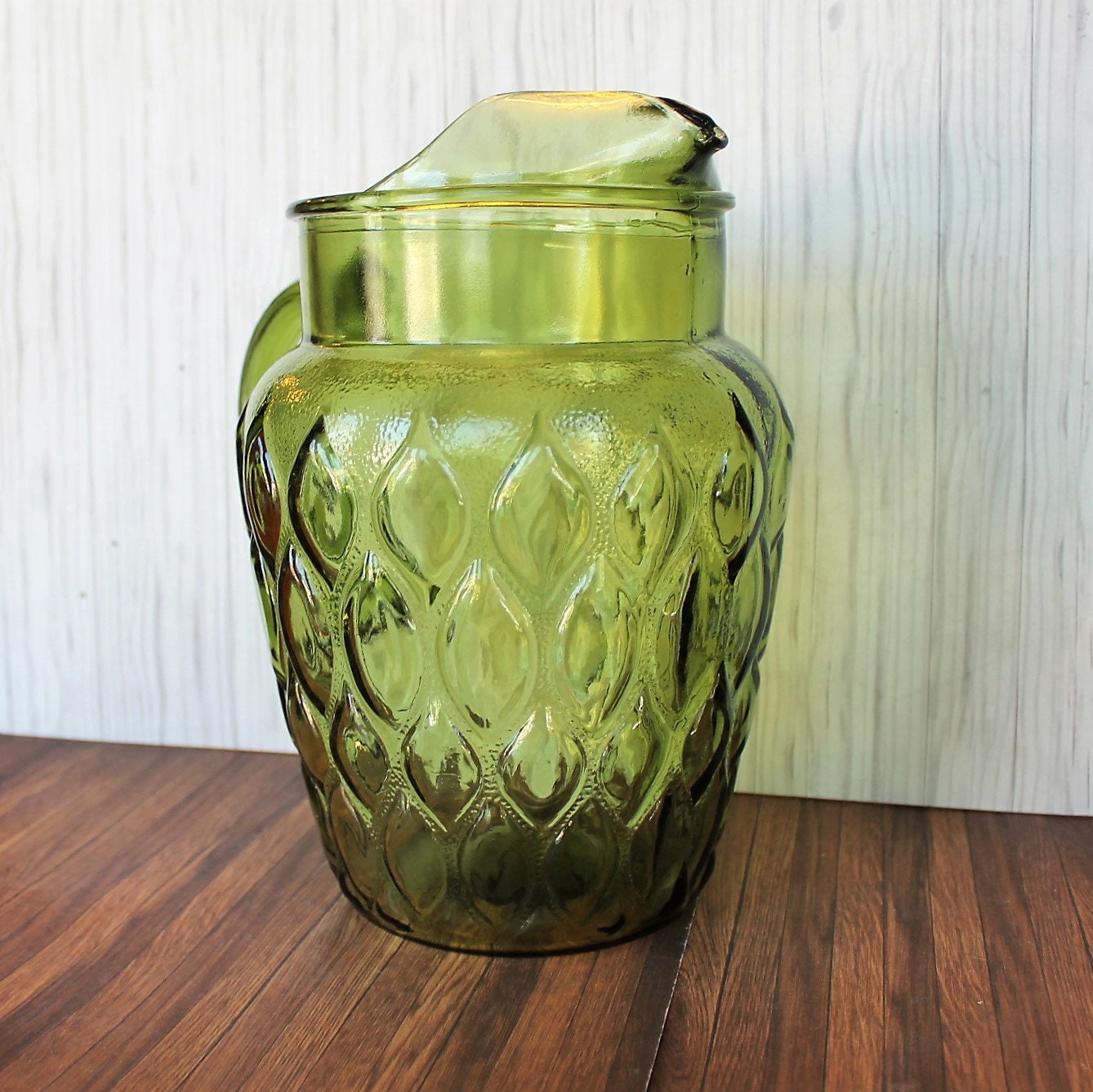 Vintage Anchor Hocking MADRID GREEN Pitcher Quilted Leaf Design Modern ...