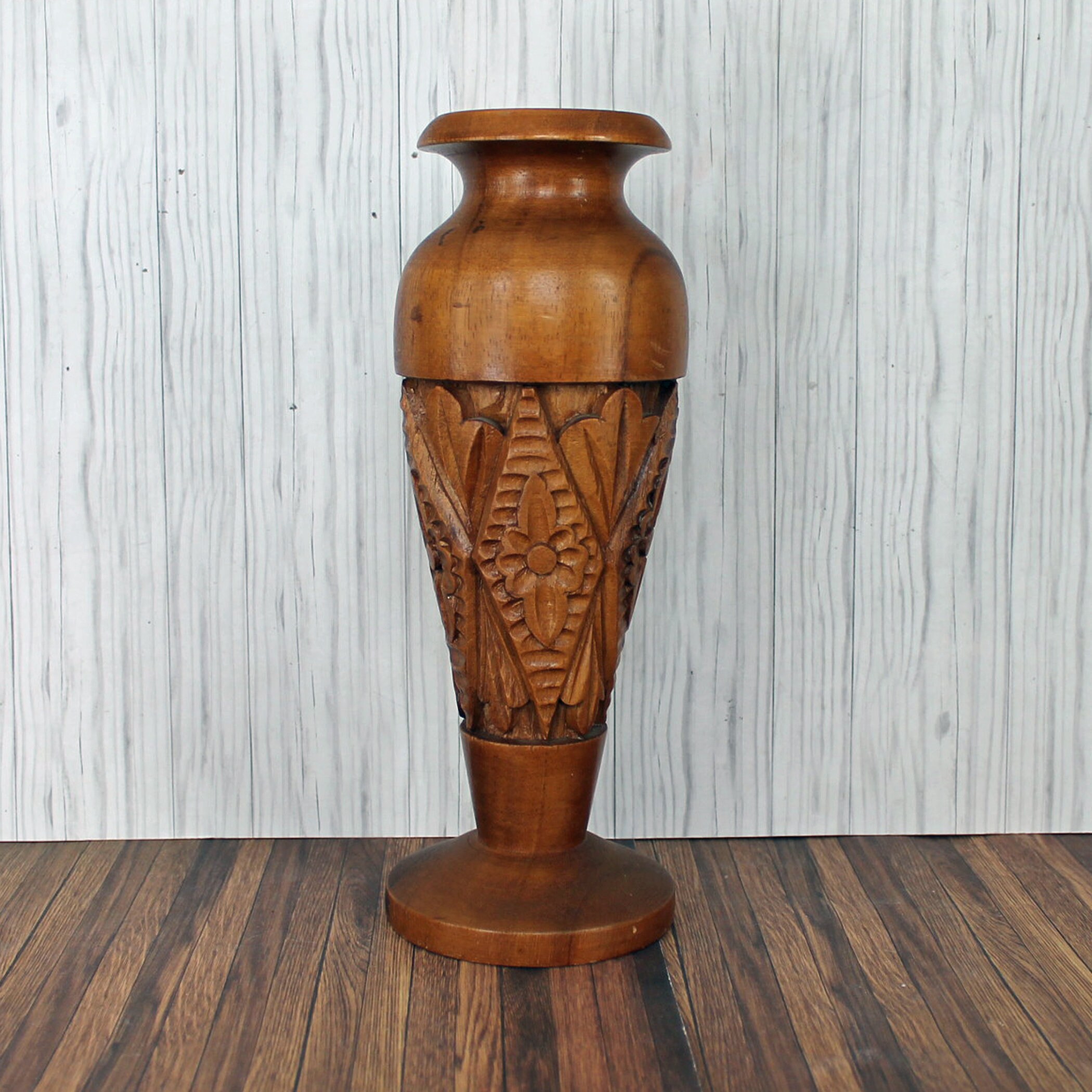 Vintage Hawaiian Wood Carved Vase Flower and Lead Design Made in Hawaii