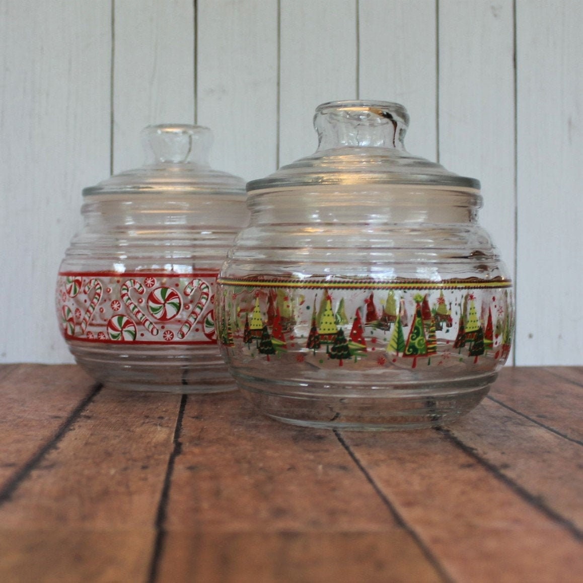 Vintage Glass Christmas Candy Canister Apothecary Jar with Lid Set of 2 ...