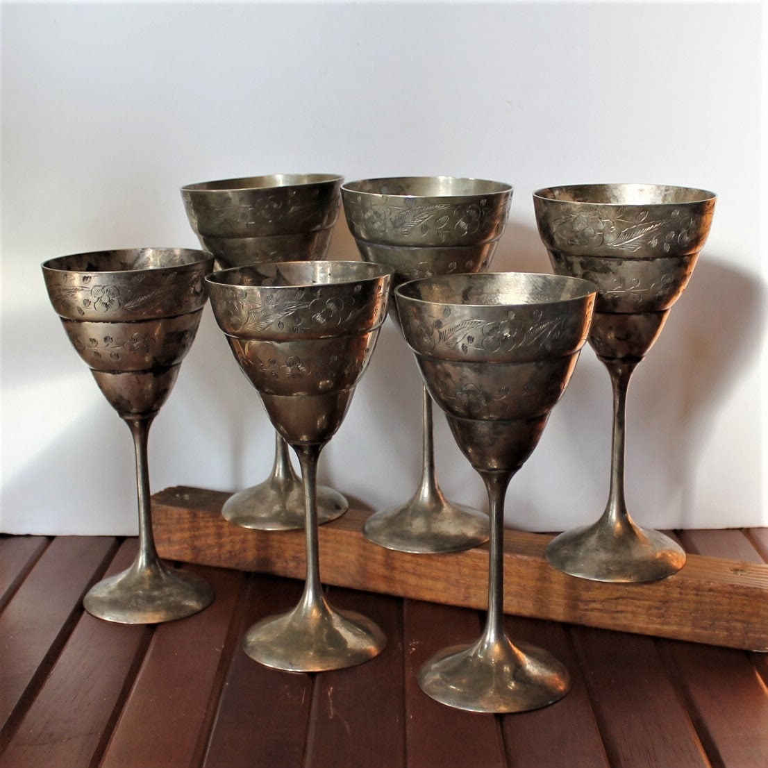 Vintage German Silver Goblet Wine Glass Set of 6 Etched Flower Floral ...