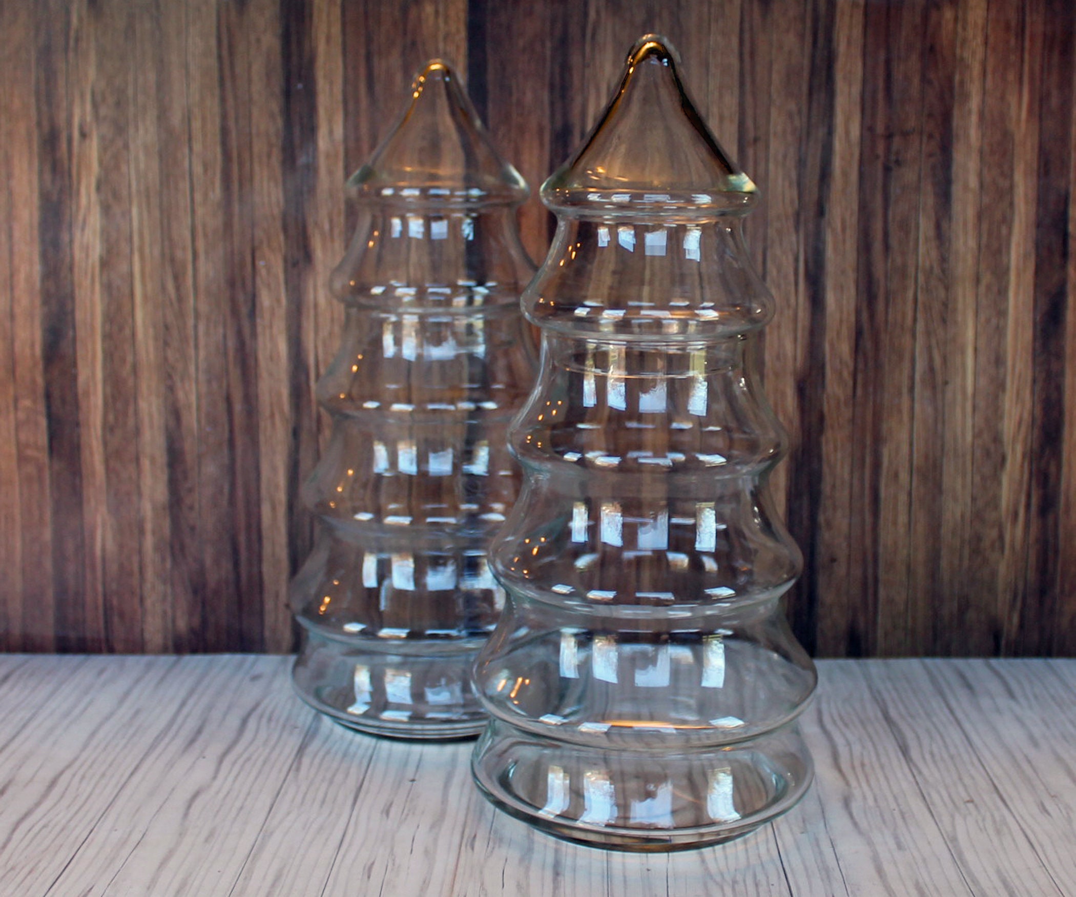 Vintage Clear Glass Christmas Pine Tree Jar Containter Canister Set of ...