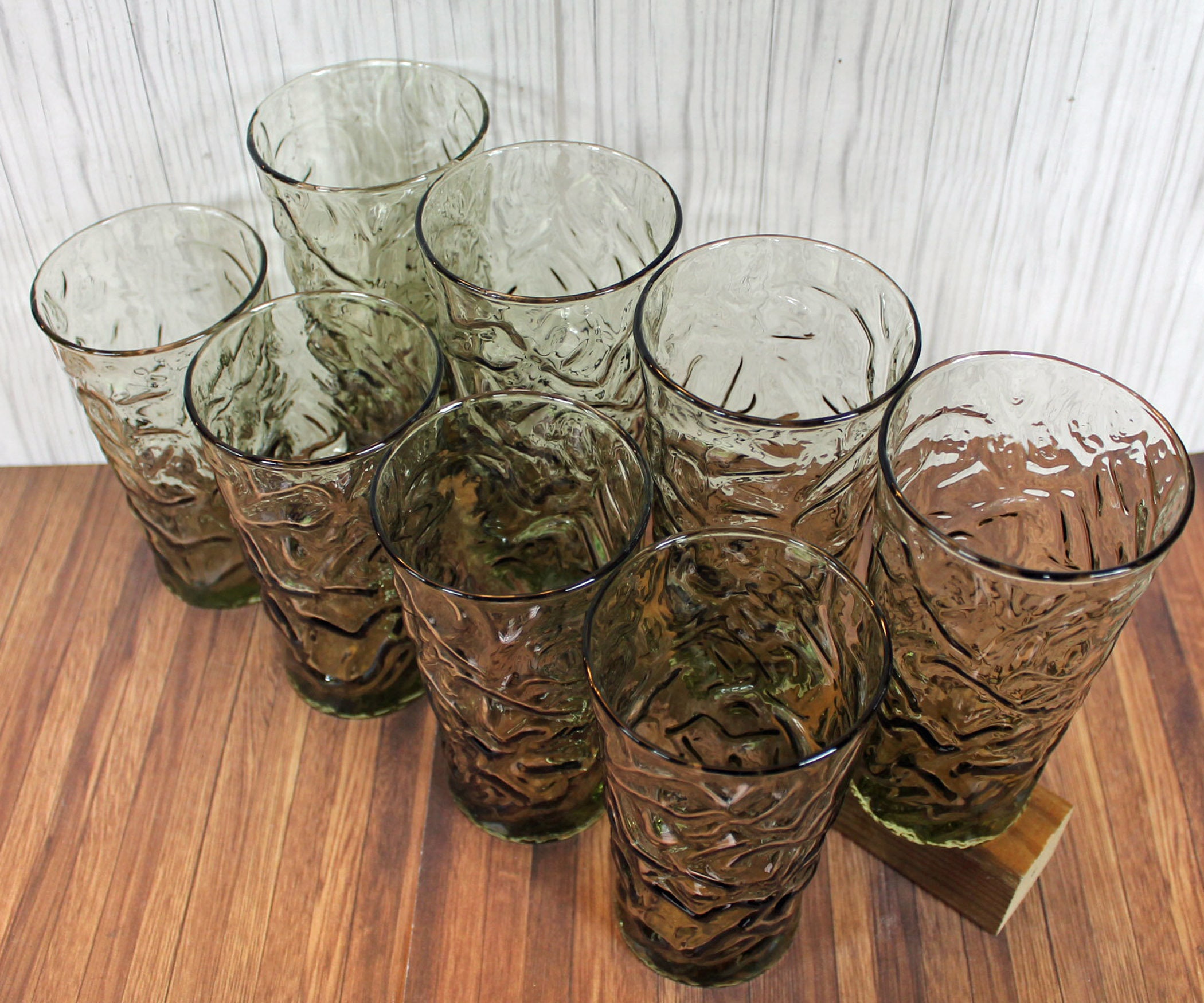 Vintage Libbey AZTEC Green 5.5 Tumbler 10 oz. Set of 8 Textured Tree ...