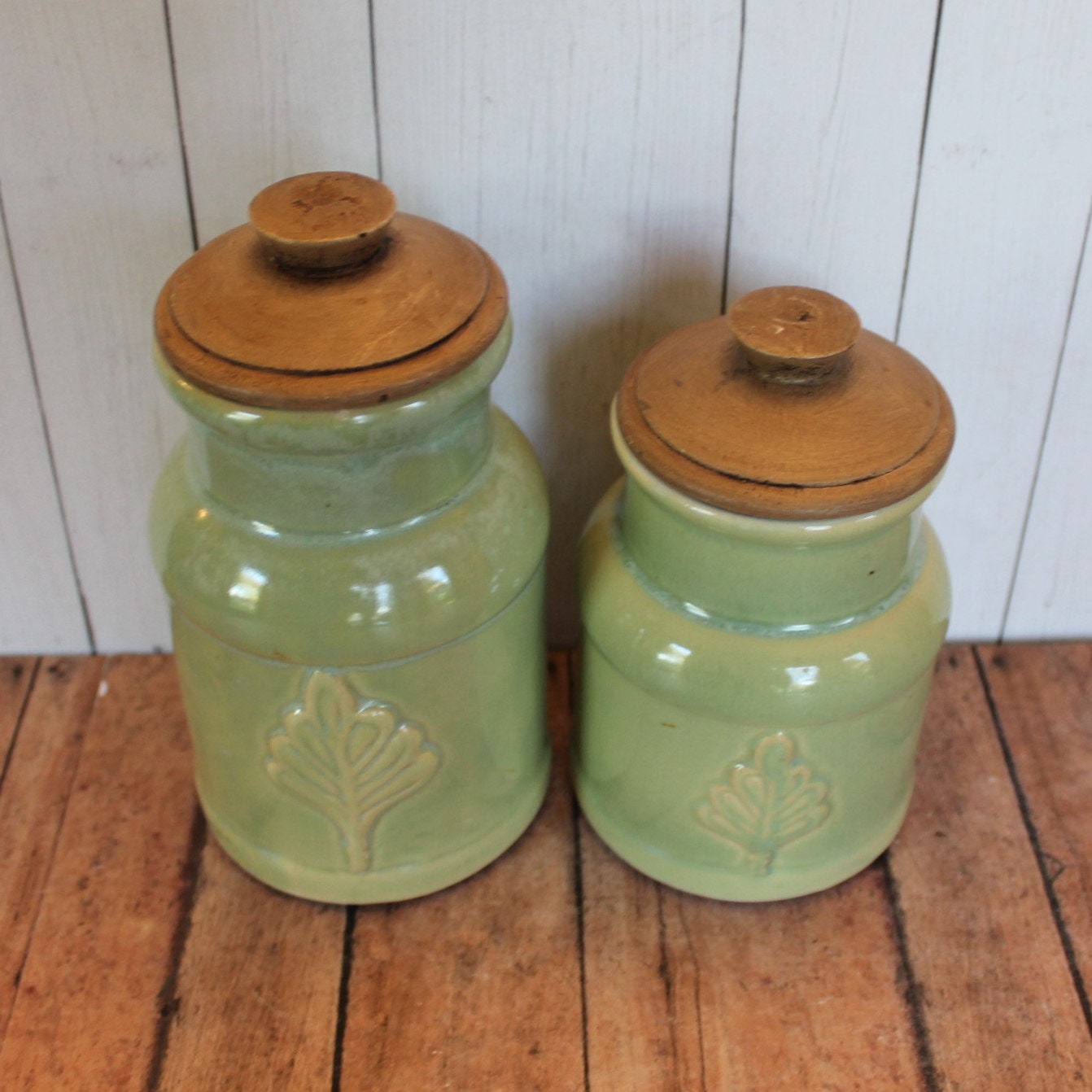 Vintage Foreside Pottery Canister Set of 2 Jars with Wooden Lids Green ...
