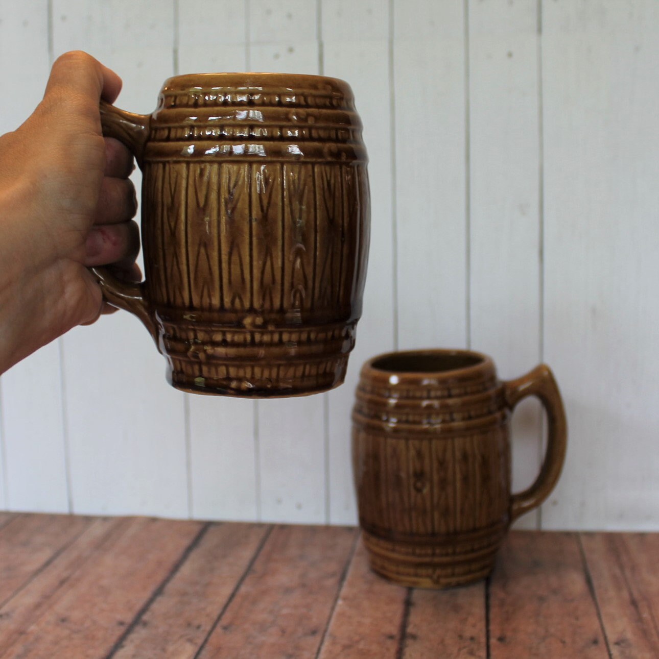 Vintage Ceramic Stoneware Barrel Mug Set of 2 Beer Stein Faux Wood ...