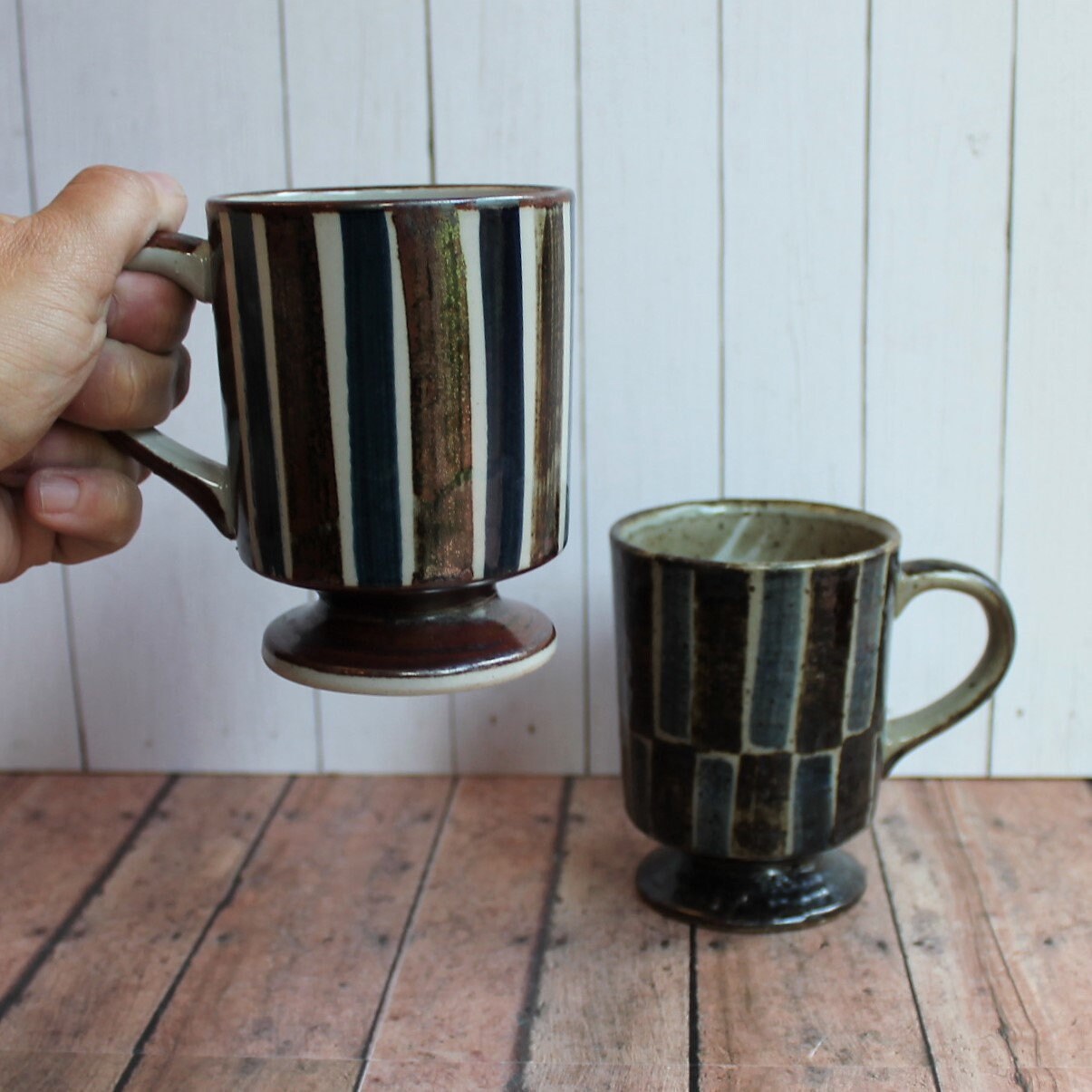 RESERVED for Z. Vintage Stoneware Footed Mug Set of 2 Gray Brown and ...