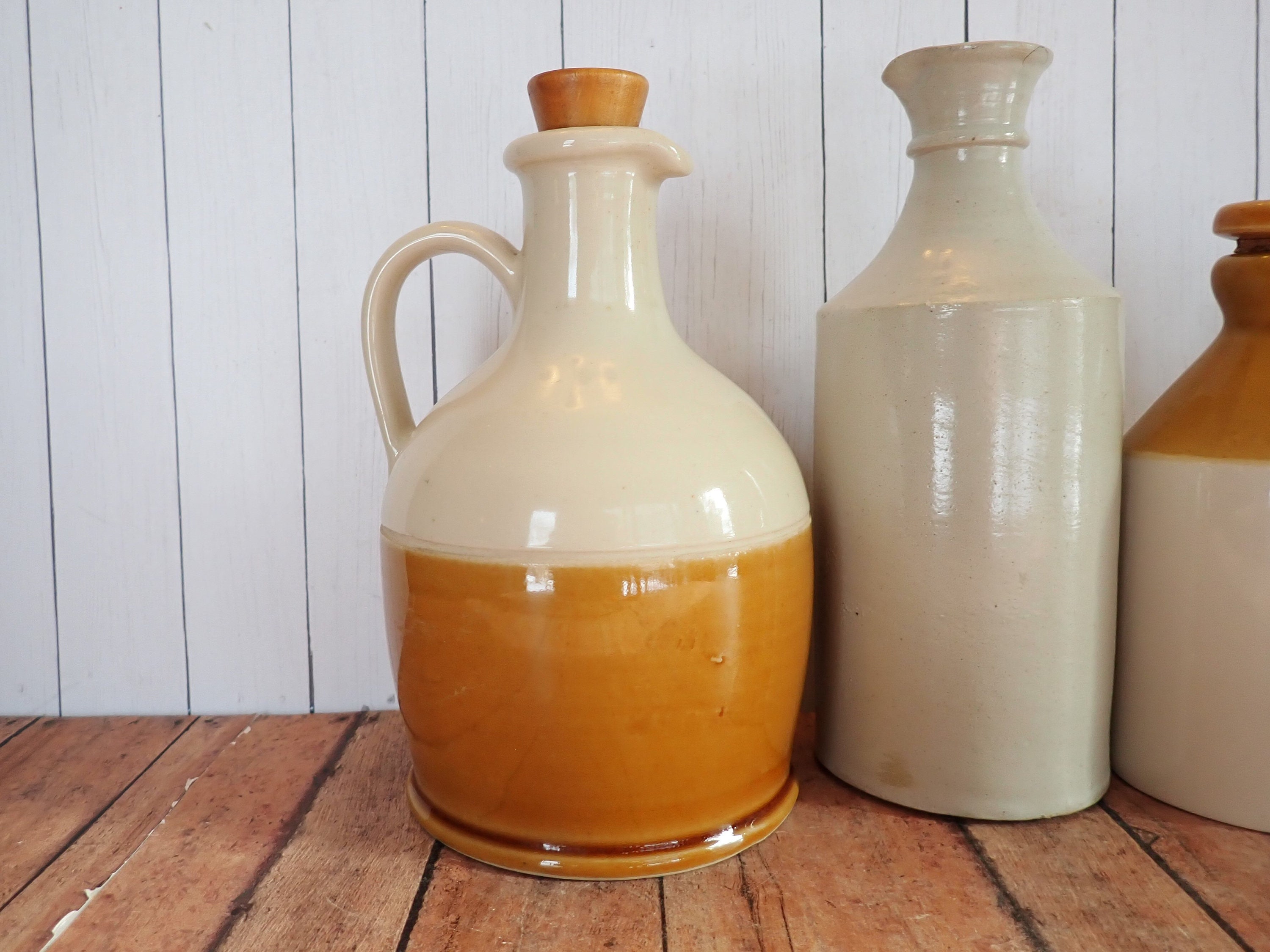 Vintage Stoneware Jug Bottle Set of 3 Gray and Yellow Whiskey Liquor ...