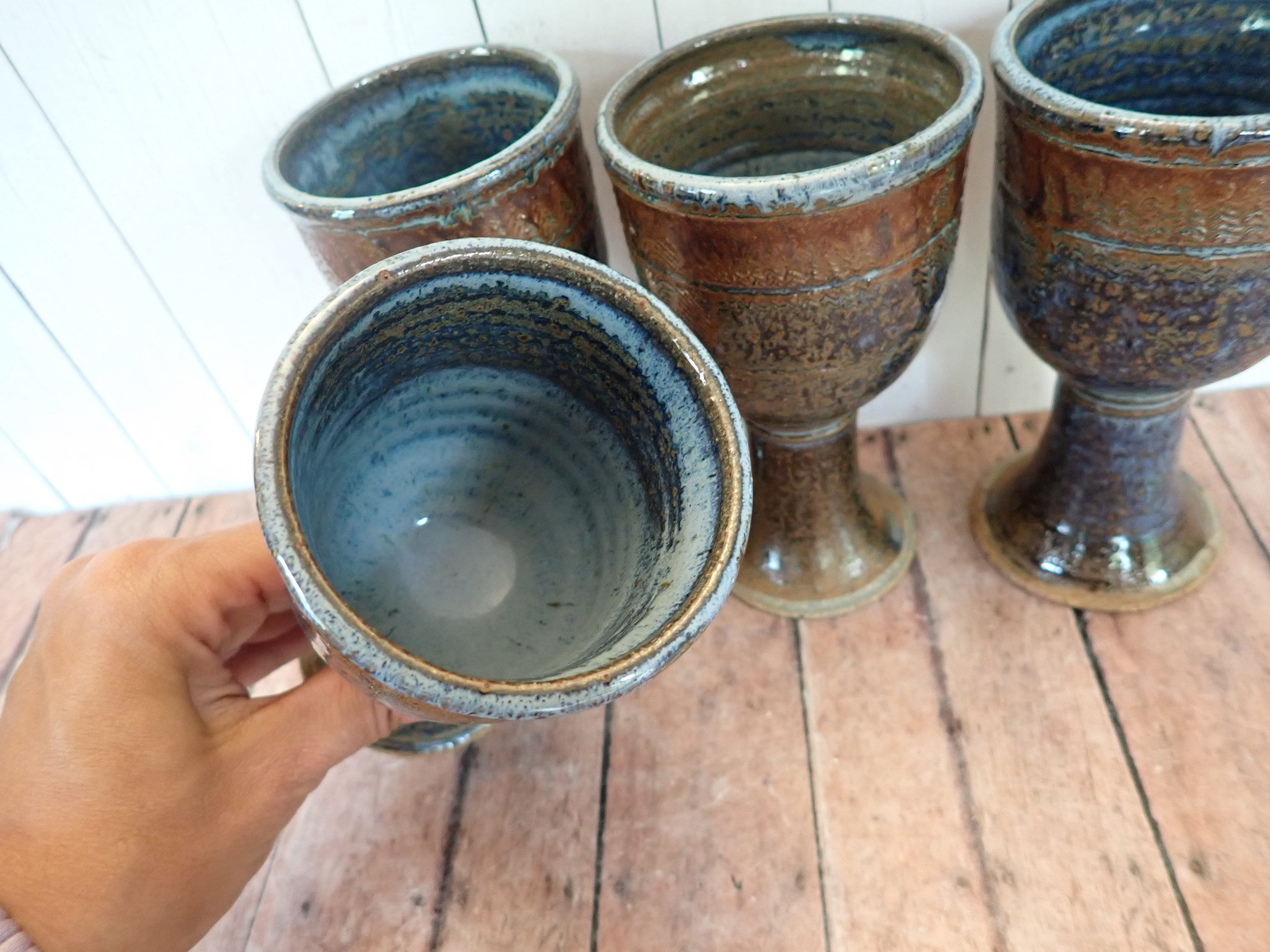 Vintage Stoneware Pottery Goblet Set of 4 Blue and Brown Wine Glass Chalice