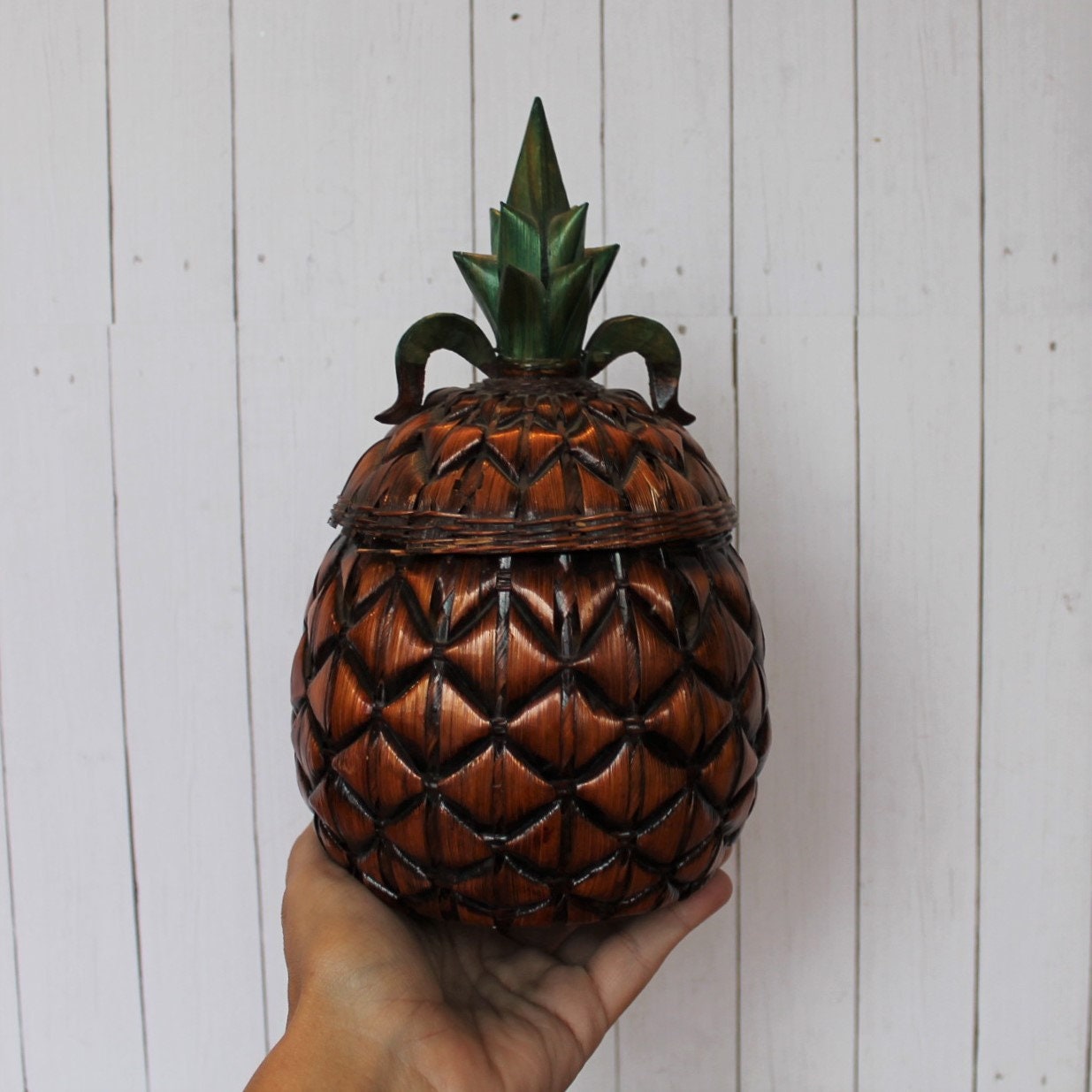 Vintage Wicker Woven Pineapple Shaped Basket with Lid Fruit Vase Boho ...