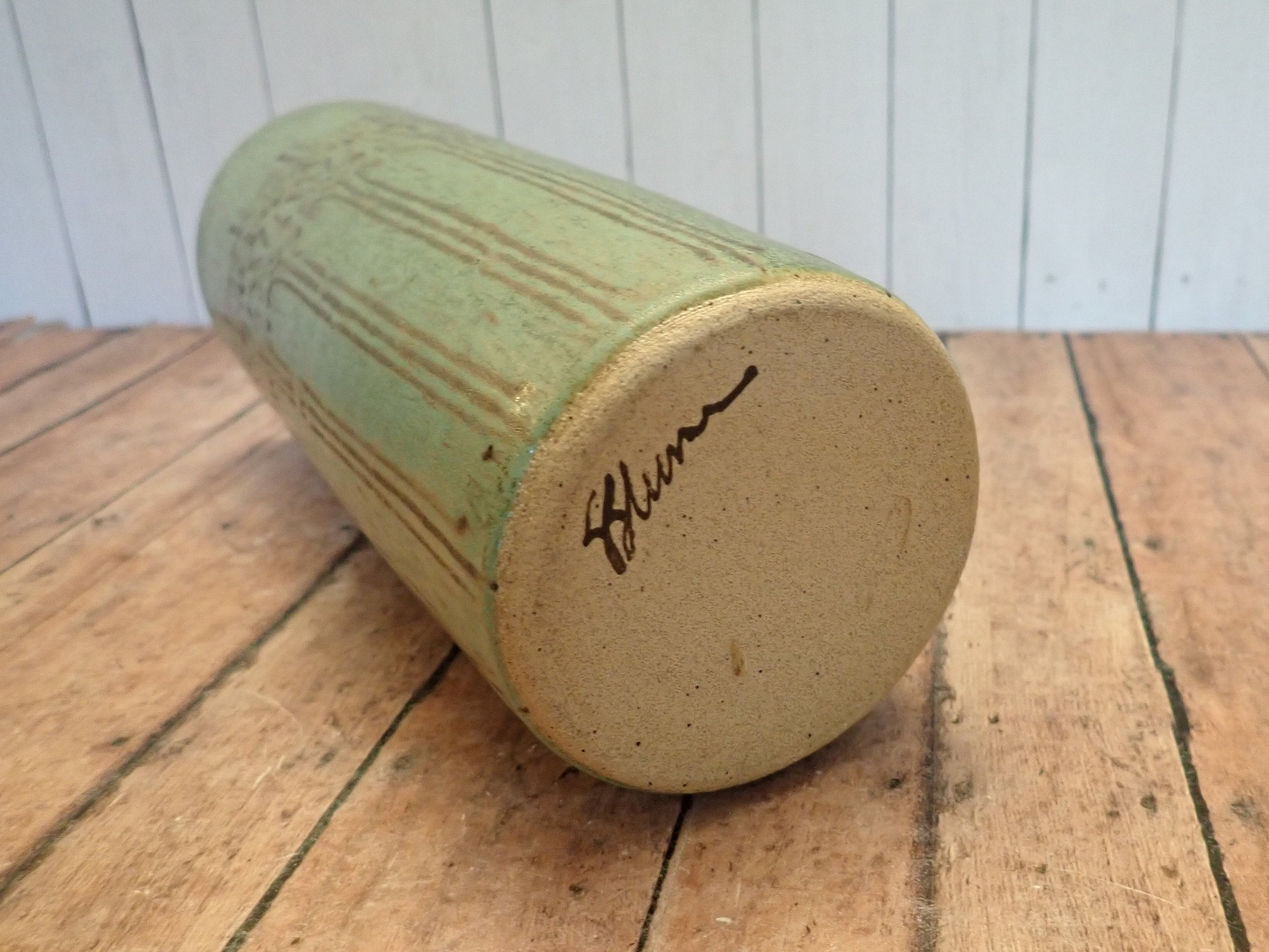 Vintage Sharon Jean Blum Stoneware Mission Style Vase Green with Brown ...