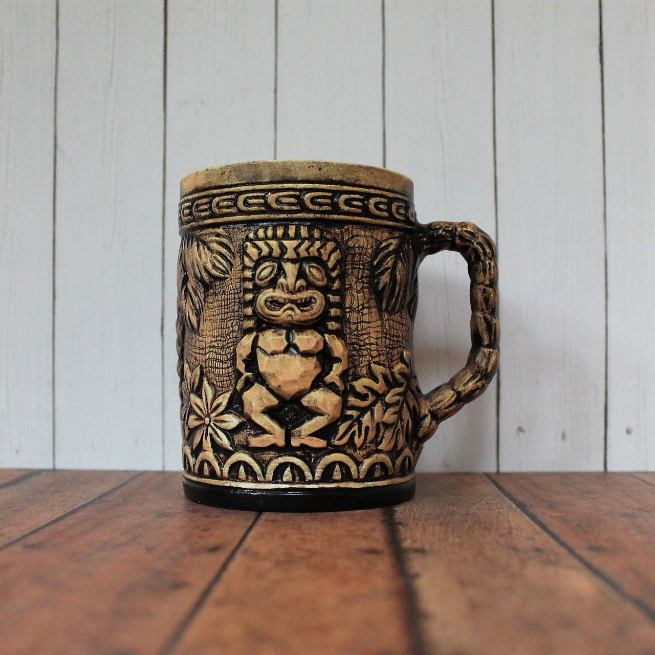 Vintage Ceramic Brown and White Ceramic Tiki Mug Faux Carved Wood ...