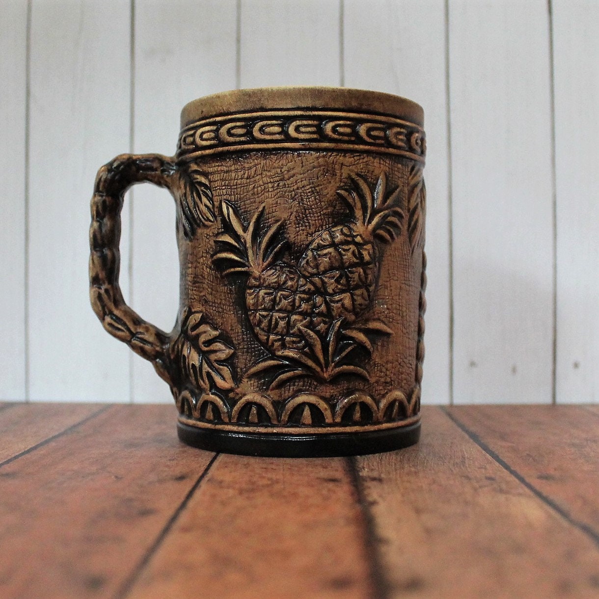 Vintage Ceramic Brown and White Ceramic Tiki Mug Faux Carved Wood ...
