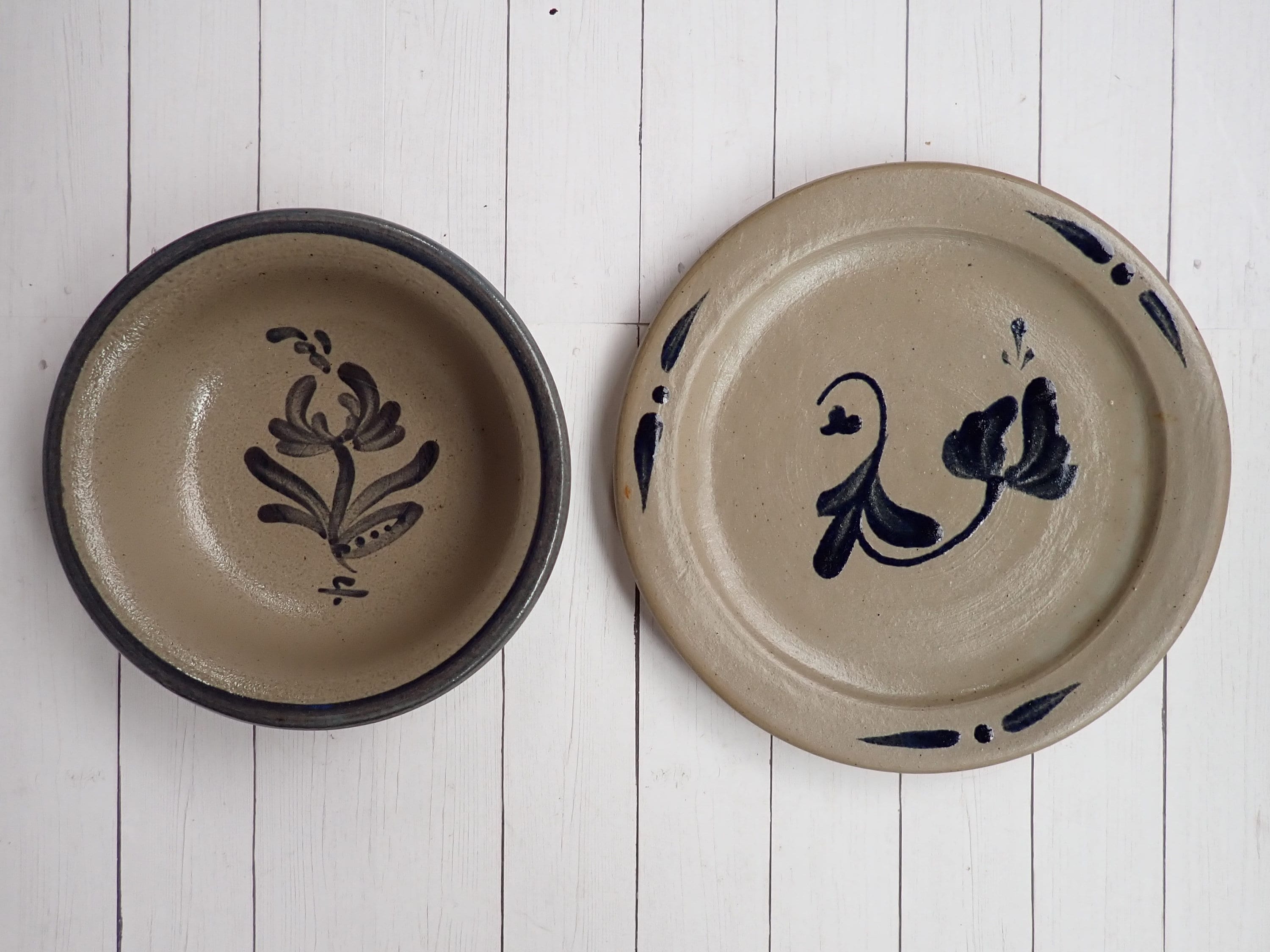 Vintage Rowe Pottery Works Salad Plate and Cereal Bowl Grey Salt Glazed Stoneware with Blue ...