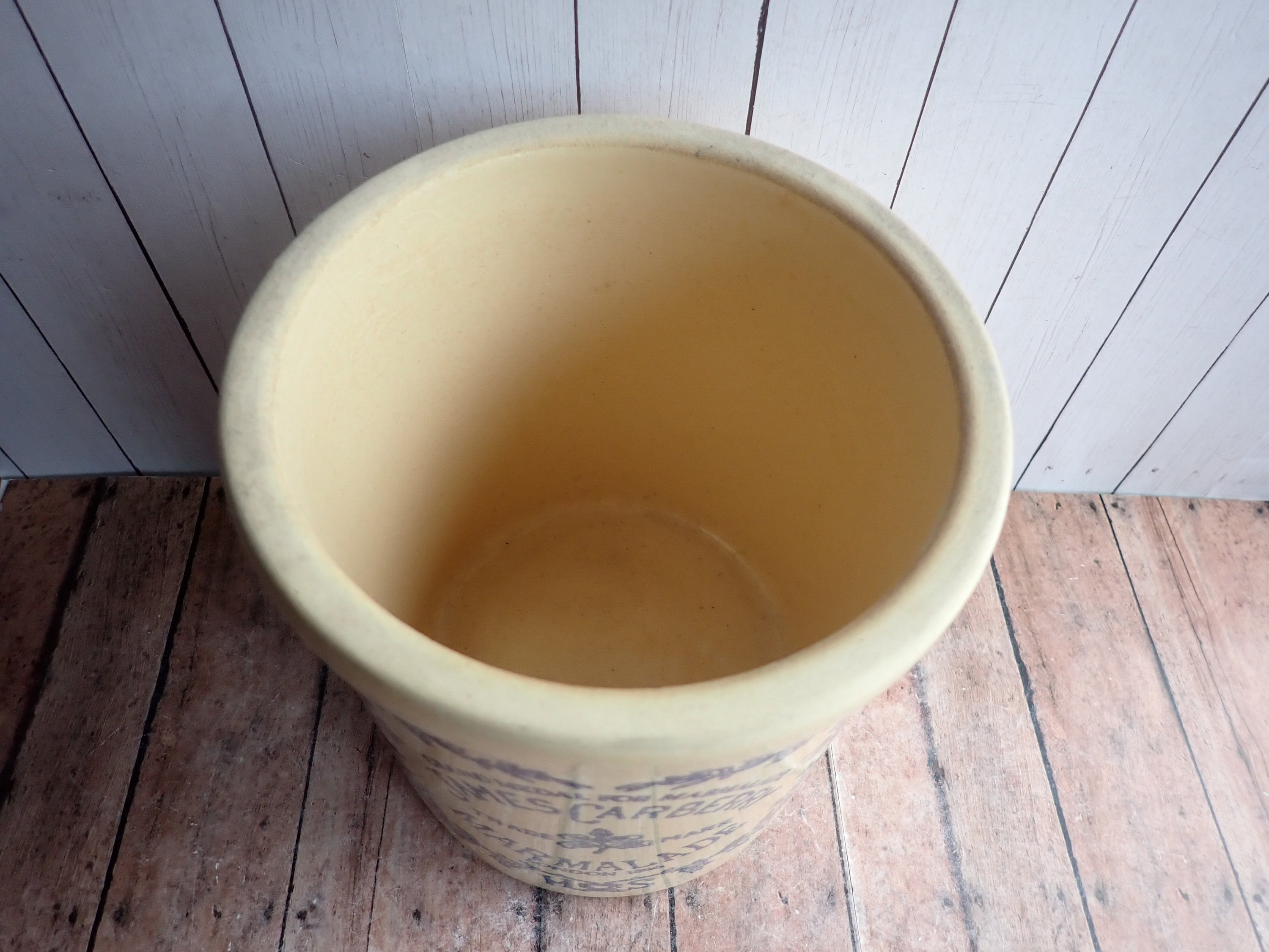 Vintage Stoneware Advertising Crock Cream and Blue Lettering James ...