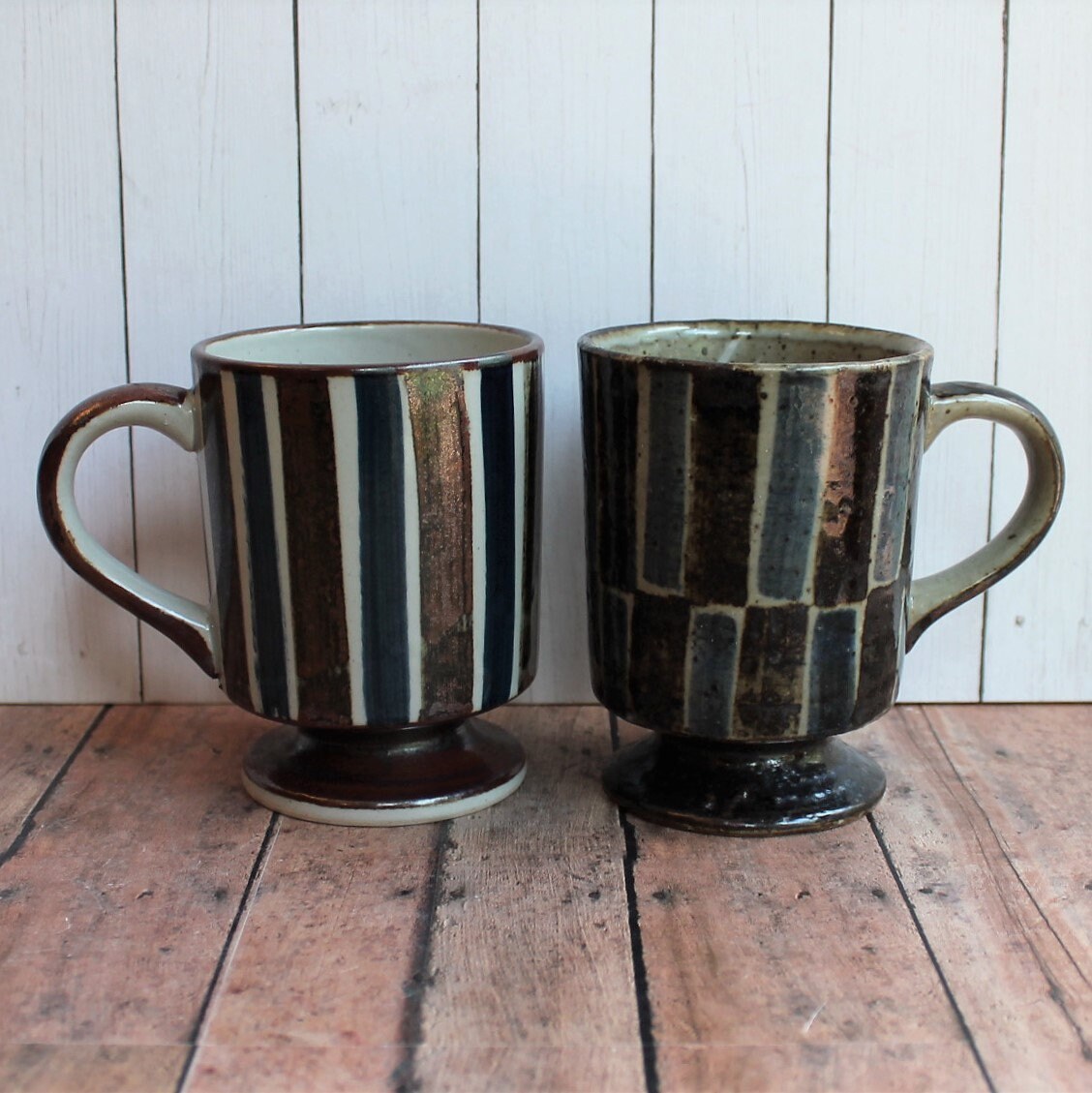 RESERVED for Z. Vintage Stoneware Footed Mug Set of 2 Gray Brown and ...