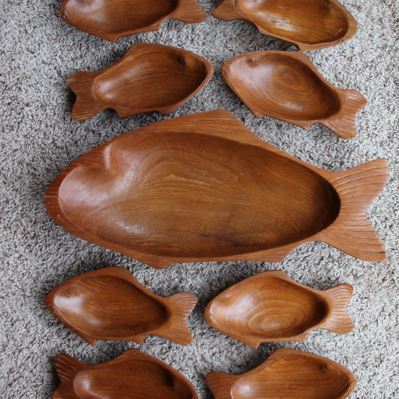 Vintage Wood Bowl Set Fish Shaped Chip and Dip Plate and Bowl Set of 4 ...