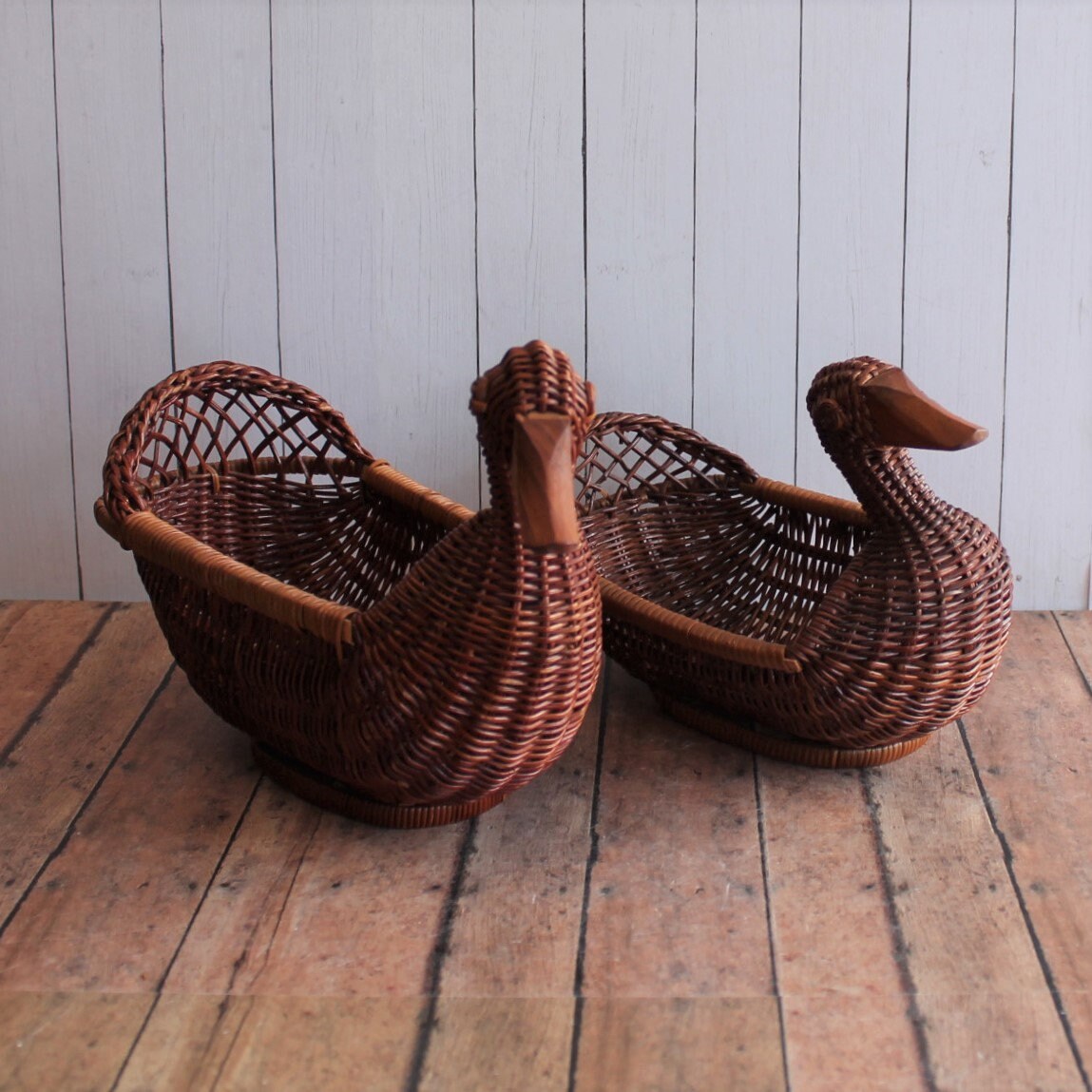 Vintage Wicker Woven Duck Basket Set of 2 Brown Wicker Duck Planter Baskets