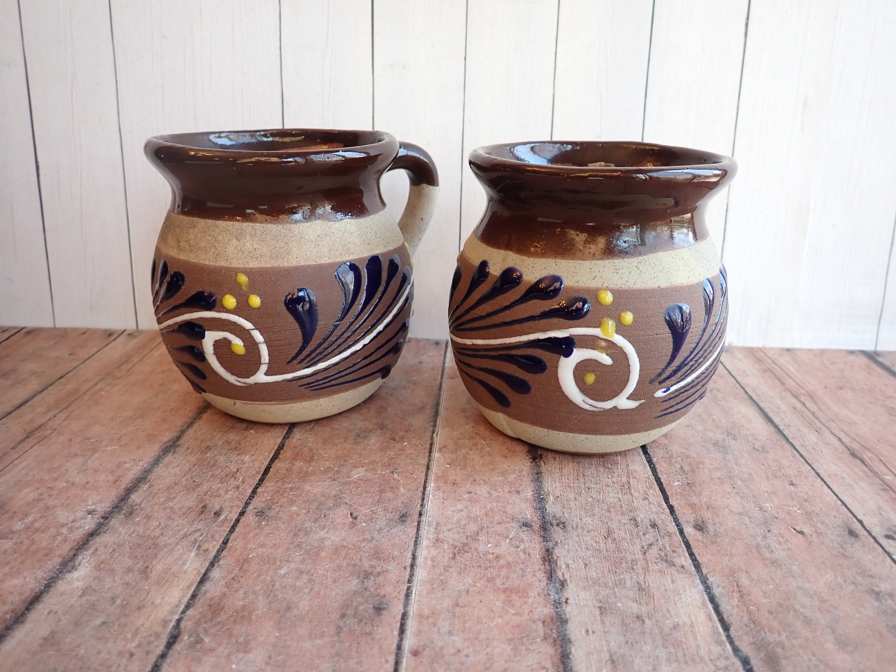 Vintage Mexican Pottery Redware Mug Set of 2 Tan Stoneware with Blue ...