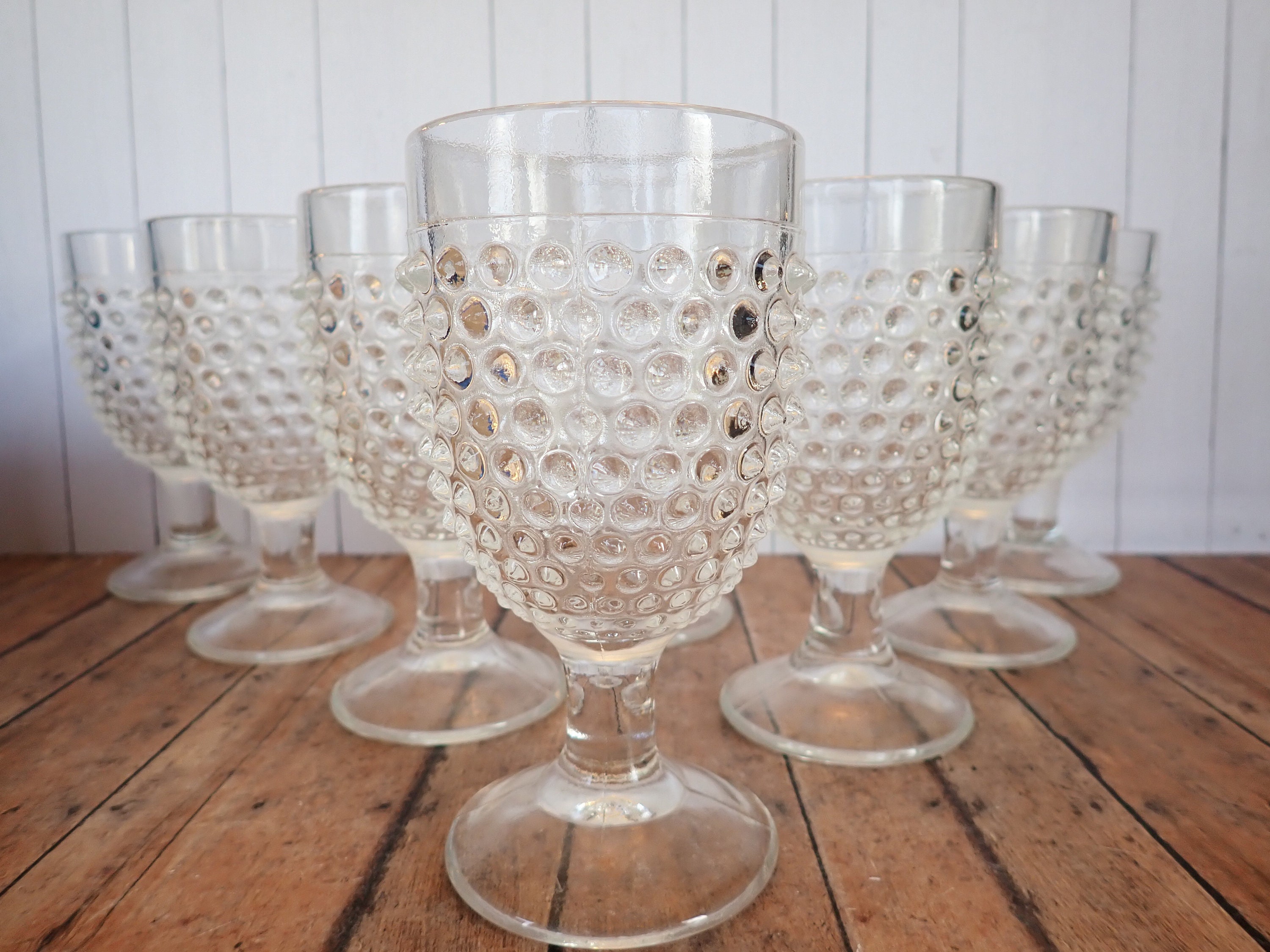 Vintage L.E. Smith Hobnail Clear Glass 6 Water Goblet Set of 8 Wine Glasses