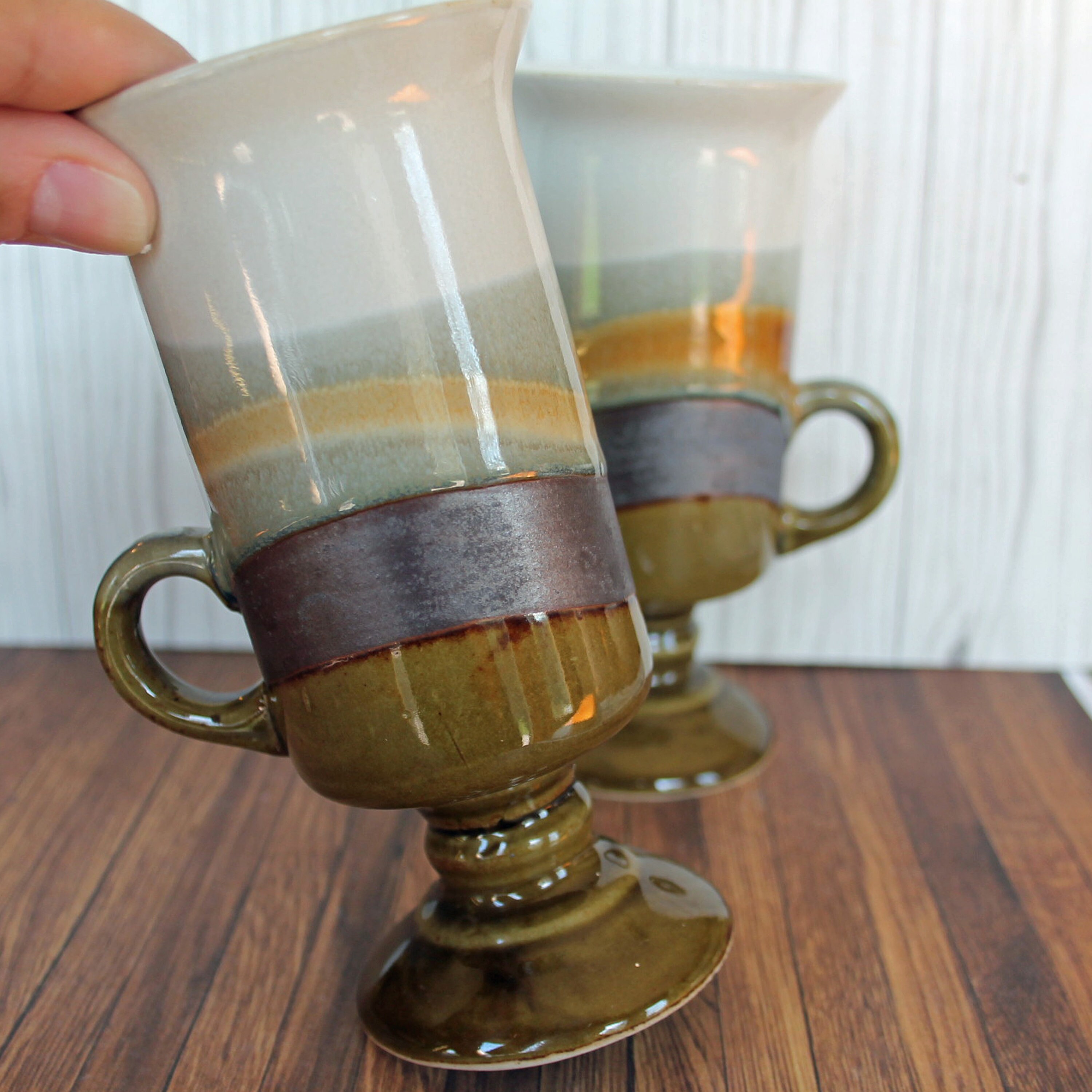 Vintage Otagiri Ceramic Footed Pedestal Mug Set of 2 Green Gray White ...