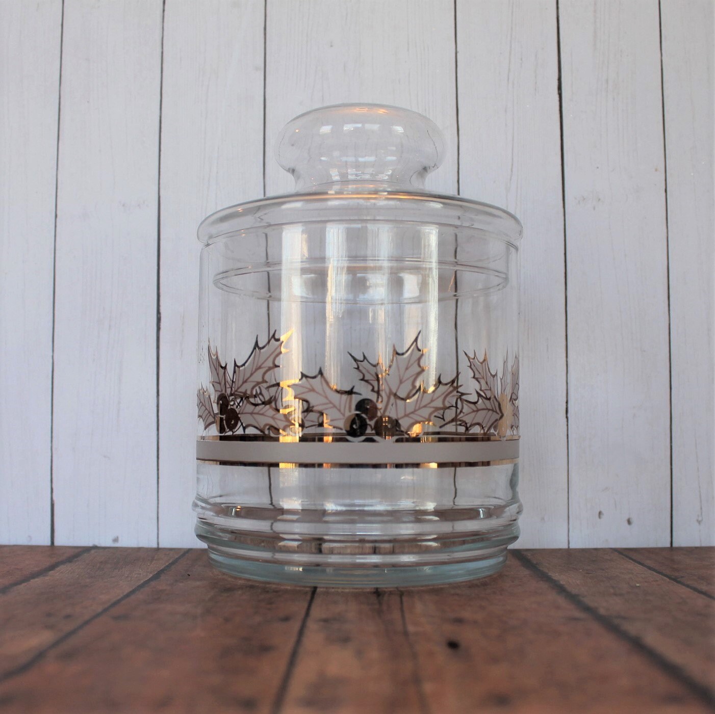 Vintage Clear Glass Frosted Holly Leaf Berry Candy Canister Apothecary ...