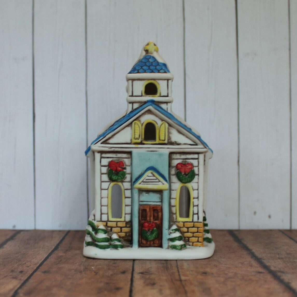 Vintage LEFTON Colonial Village White and Blue Church 06986 Votive ...
