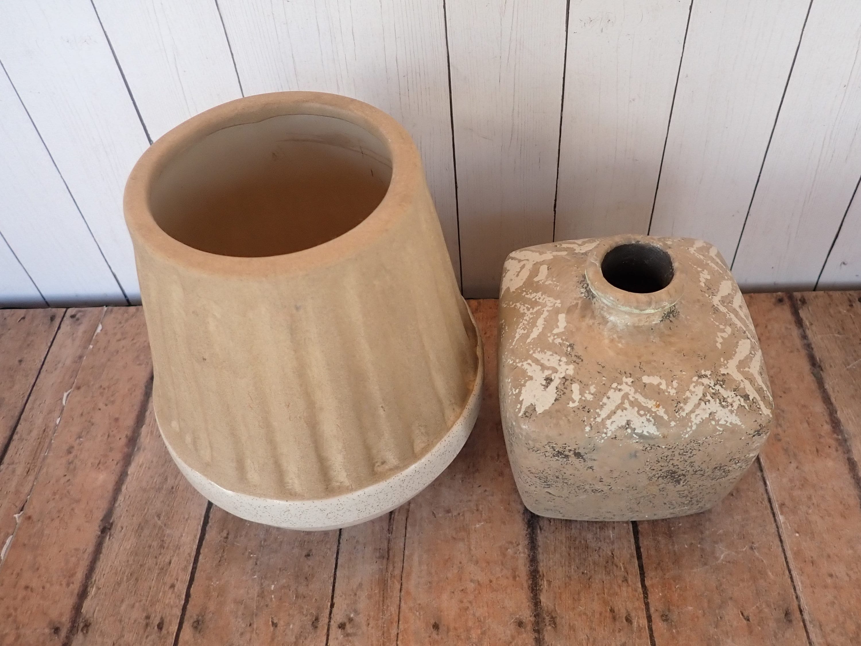Vintage Tan and White Pottery Vase Set of 2 Rustic Boho Style Vases ...