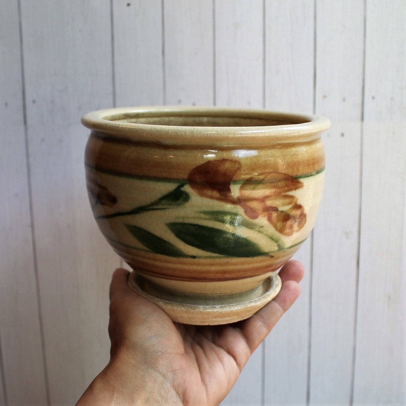 Vintage Stoneware Pottery Planter White Green Brown Leaf and Floral ...