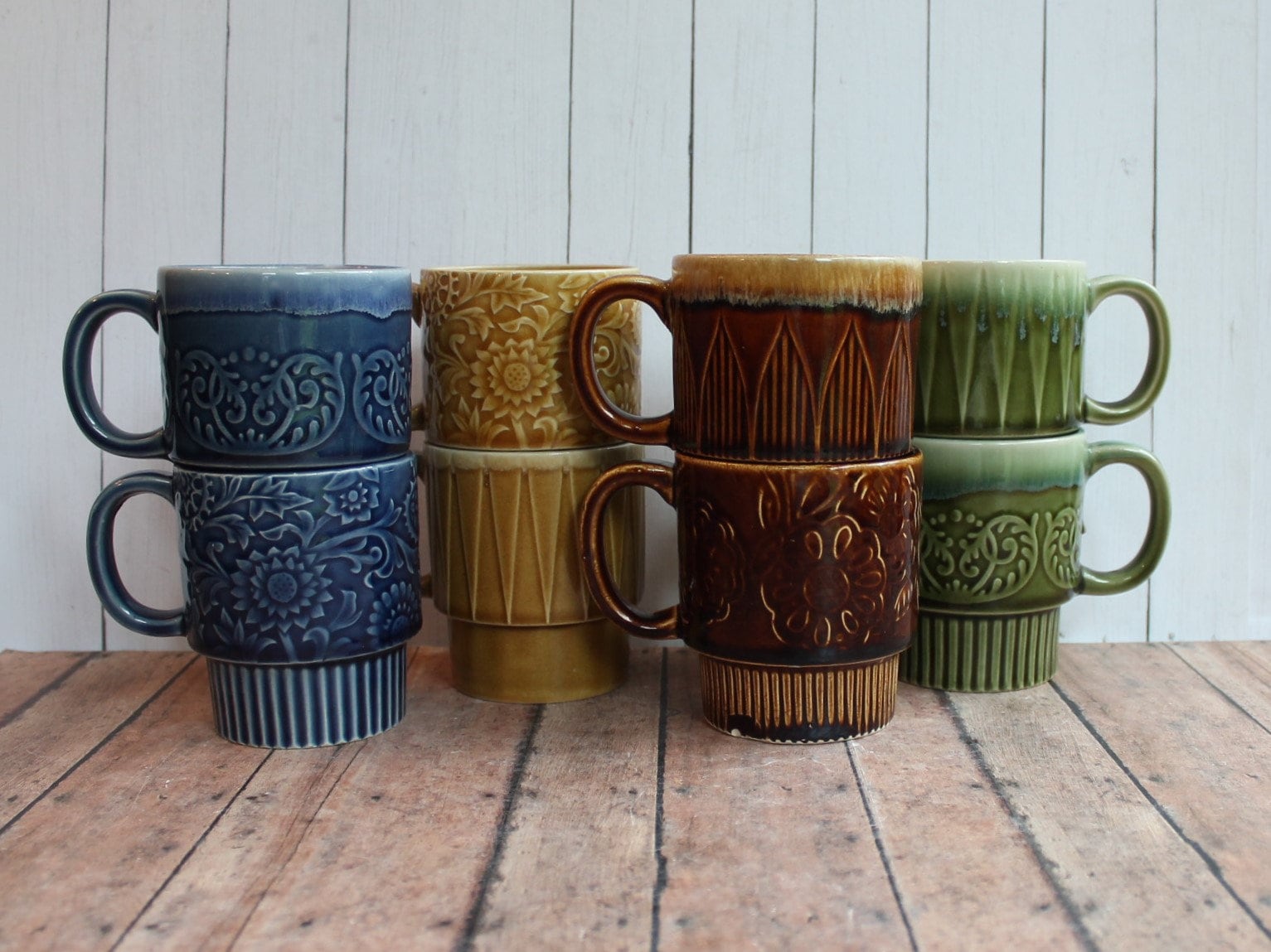 Vintage Japan Stacking Mugs Set of 8 Ceramic Mugs Green Yellow Brown ...