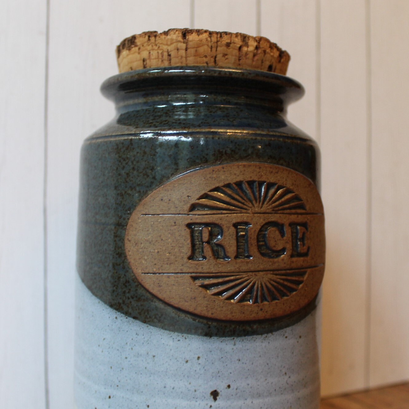 Vintage Pottery Rice Canister Jar with Cork Lid Blue and White ...